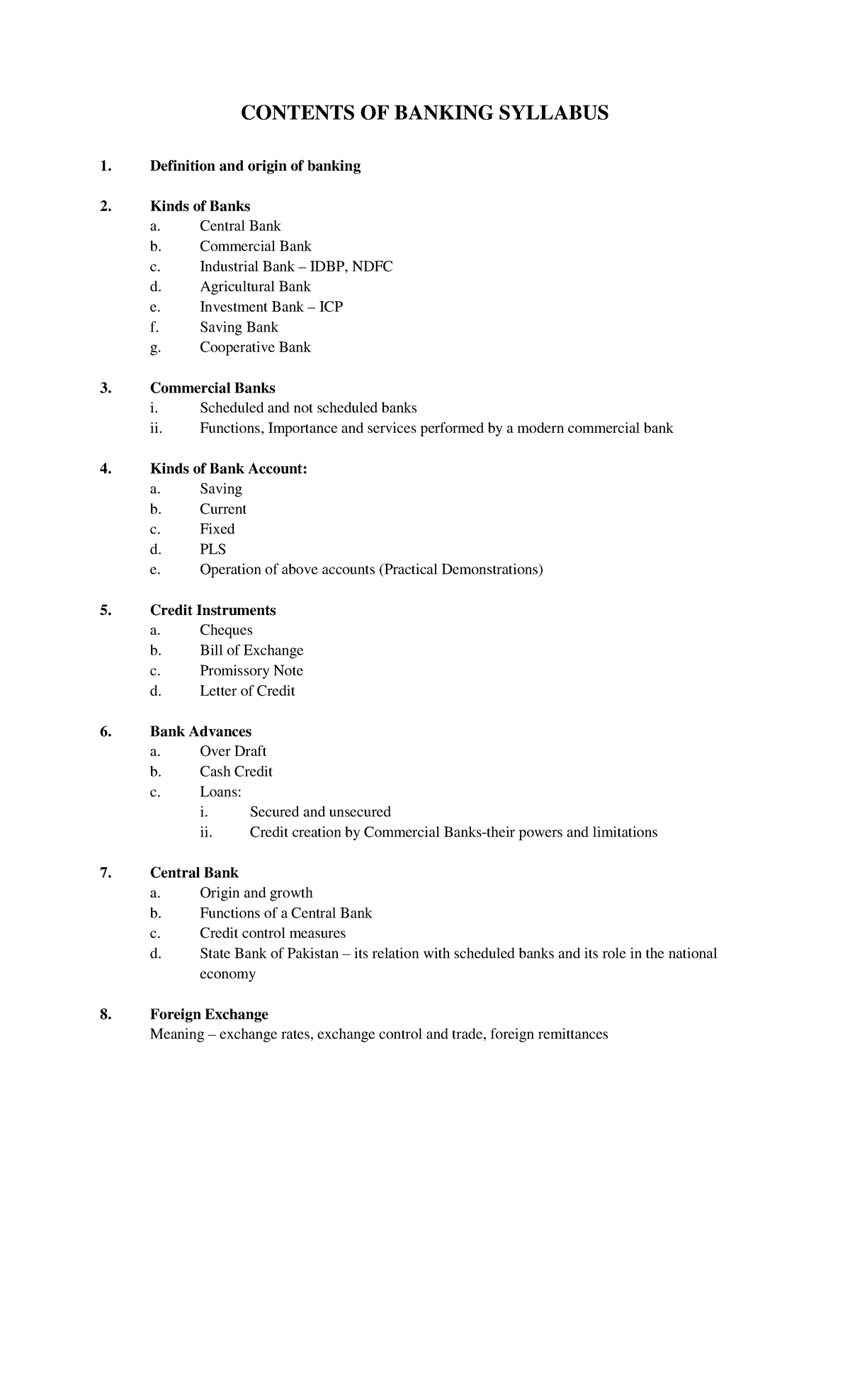 Banking- Syllabus - CONTENTS OF BANKING SYLLABUS Definition and origin ...