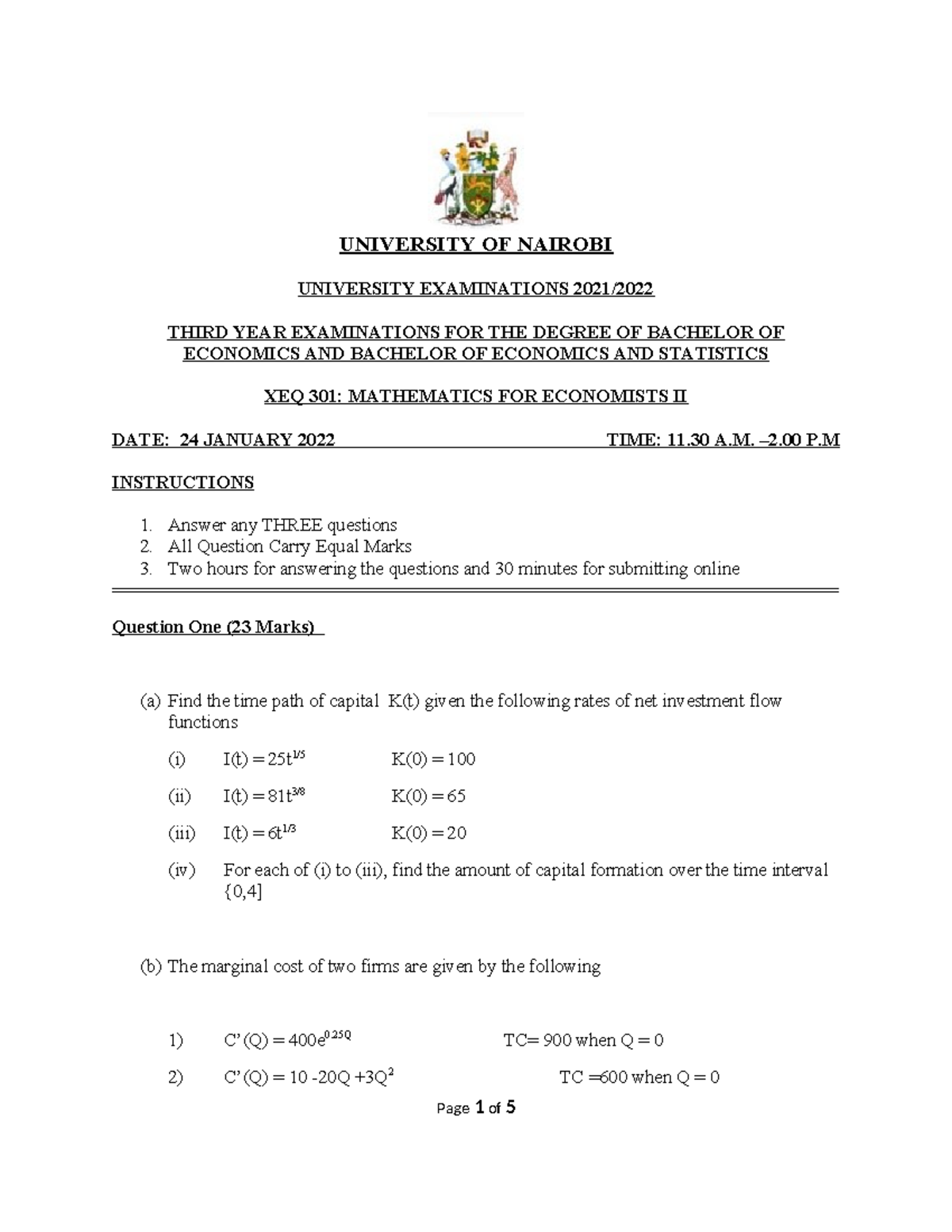 Revision material XEQ 301 Mathematics for Economists II Examination ...