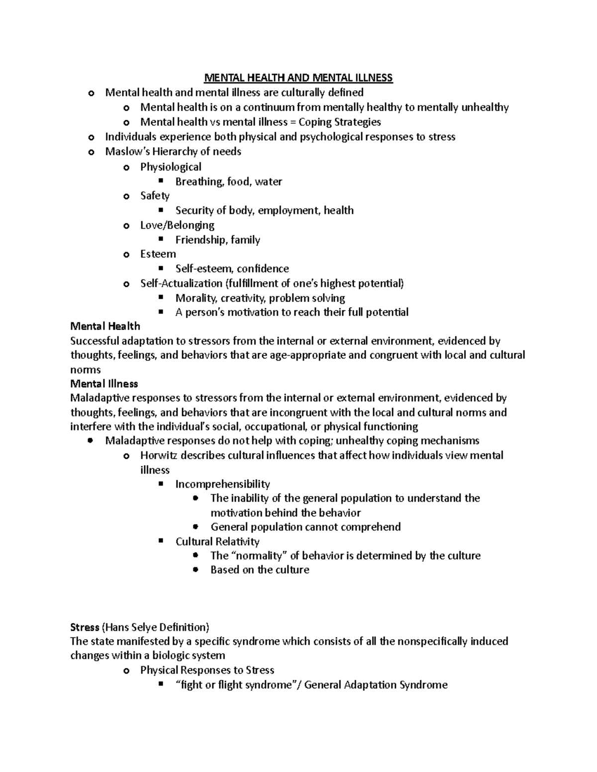 Psych UNIT 1 Review for test 1 - MENTAL HEALTH AND MENTAL ILLNESS o ...