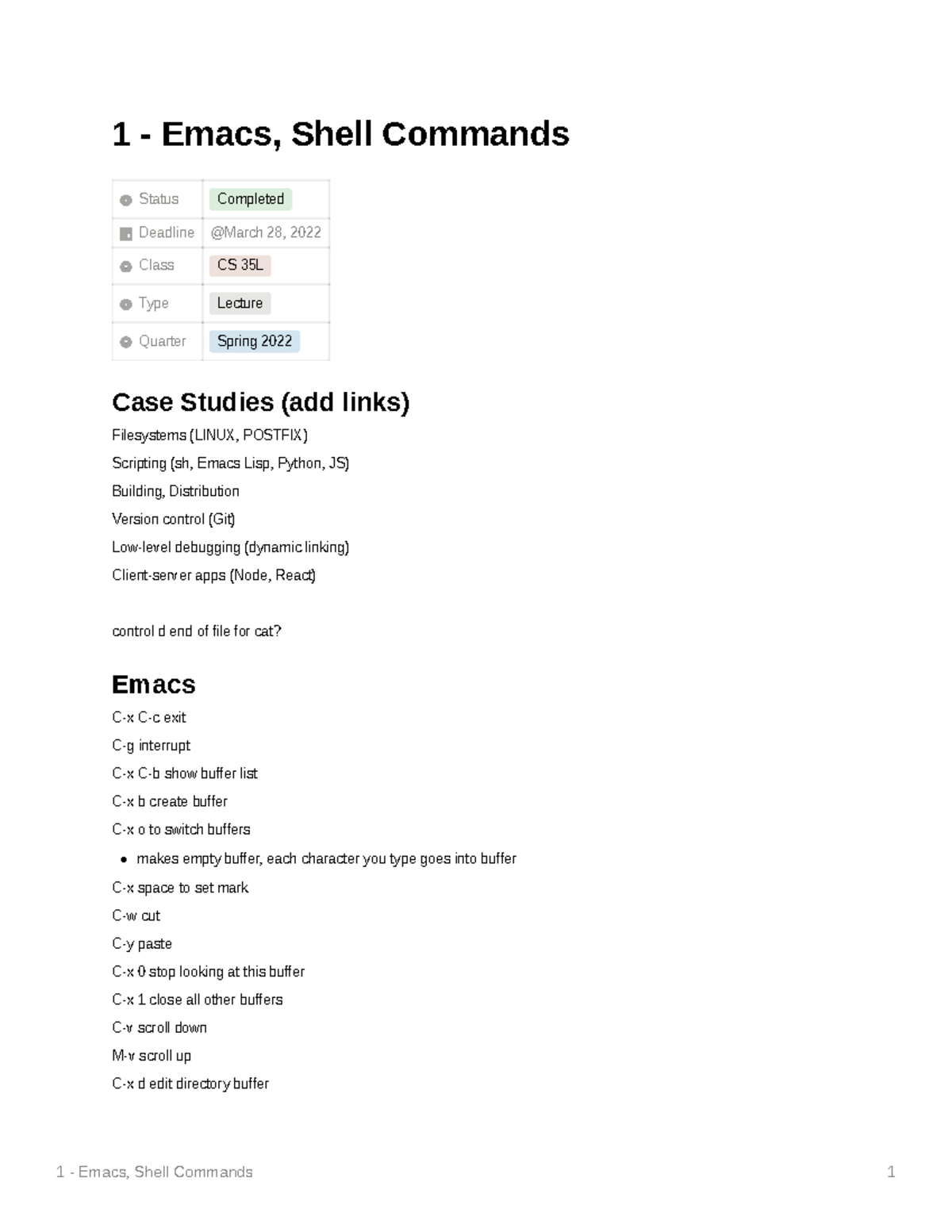 Entire Course Lecture Notes - 1 - Emacs, Shell Commands 1 1 - Emacs ...