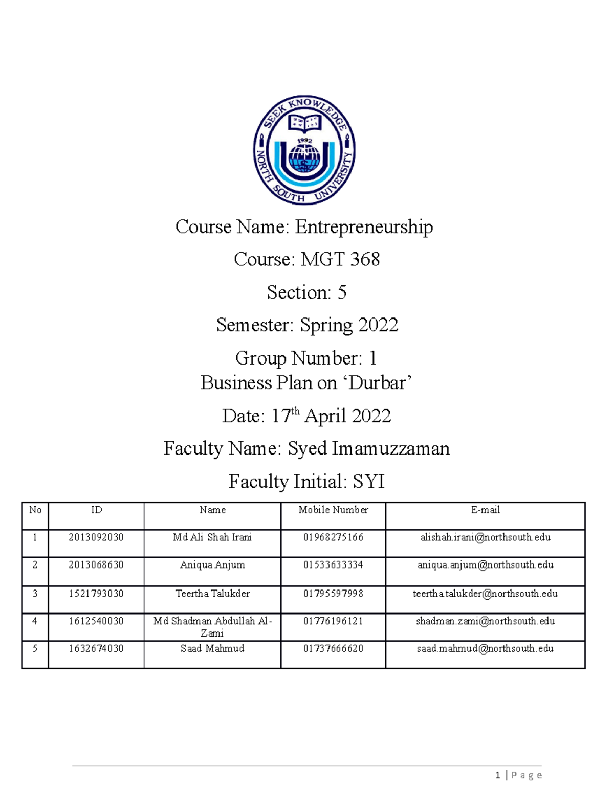 Business Plan on Durbar - Course Name: Entrepreneurship Course: MGT 368 Section: 5 Semester ...