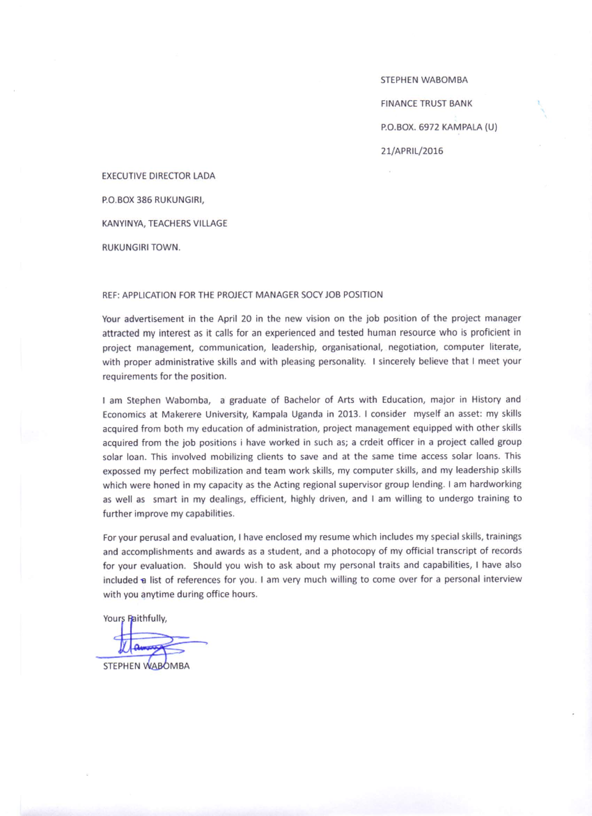 Application AWA - Sample draft - STEPHEN WABOMBA FINANCE TRUST BANK P.O ...