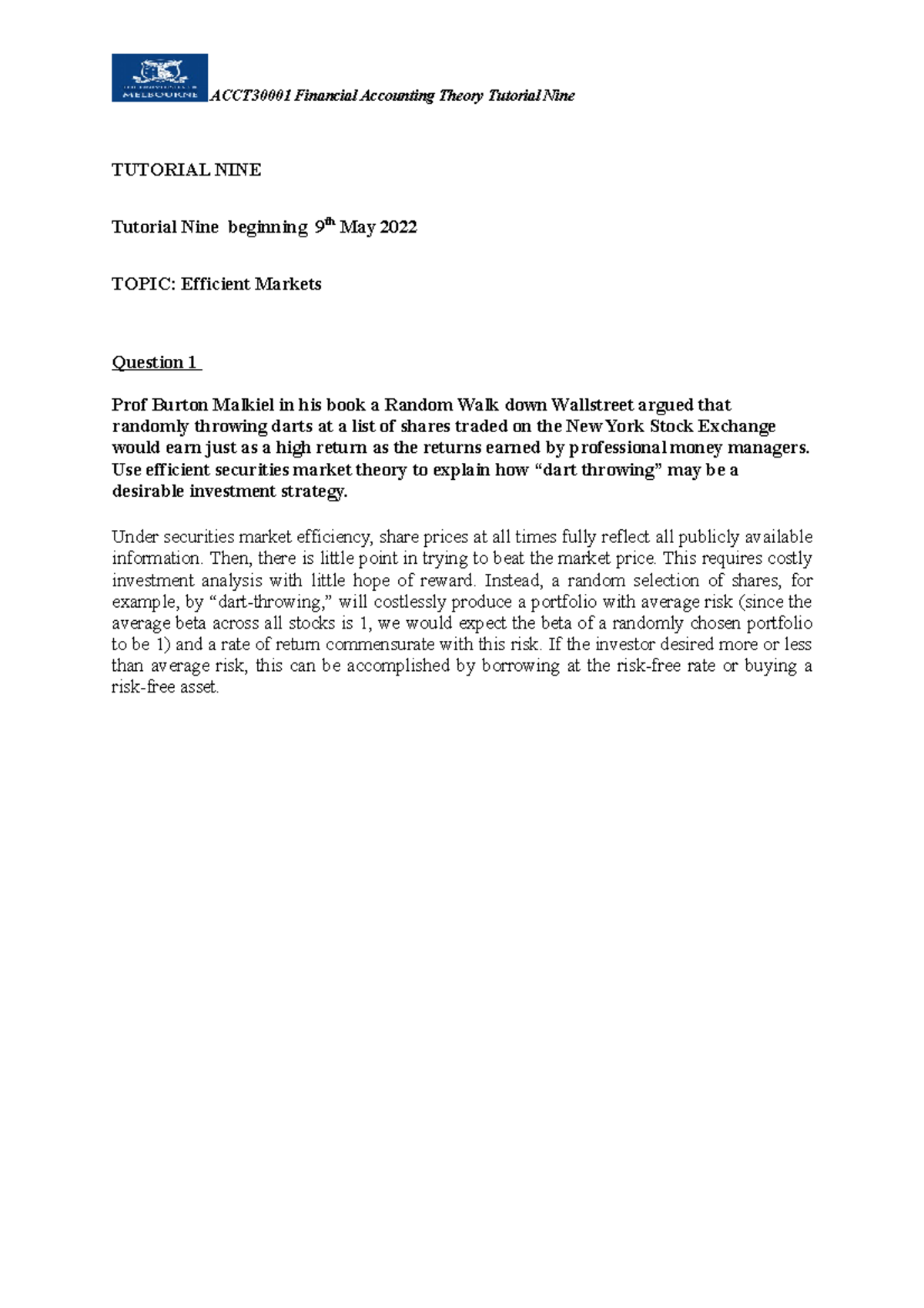 Week9 Effecient Markets answers-2 - TUTORIAL NINE Tutorial Nine ...