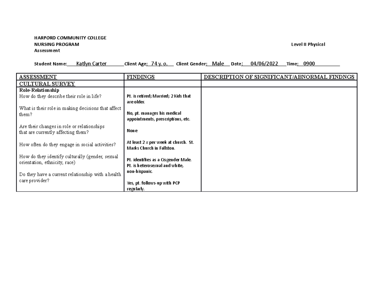Level II Physical Assessment - K. Carter - HARFORD COMMUNITY COLLEGE ...