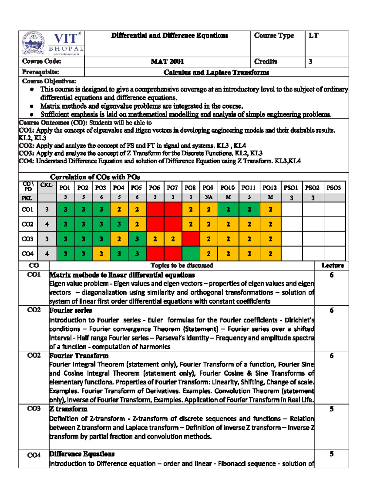 Maths Syllabus - KJB - OF VIT UNIVERSITY VIT Differential and ...