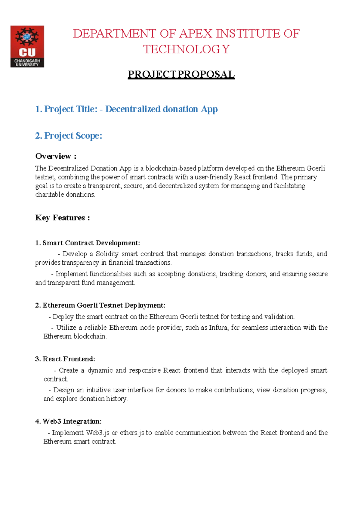 Project Proposal 1 - DEPARTMENT OF APEX INSTITUTE OF TECHNOLOGY PROJECTPROPOSAL 1. Project Title ...
