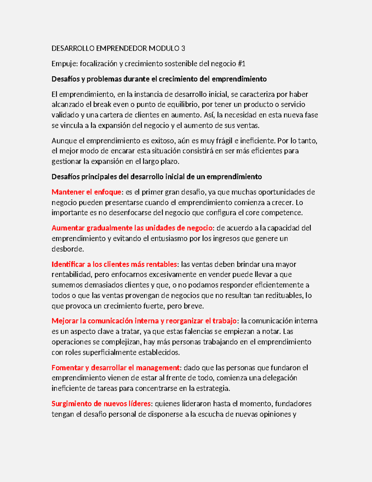 Desarrollo Emprendedor Modulo 3 - DESARROLLO EMPRENDEDOR MODULO 3 Empuje: focalización y ...