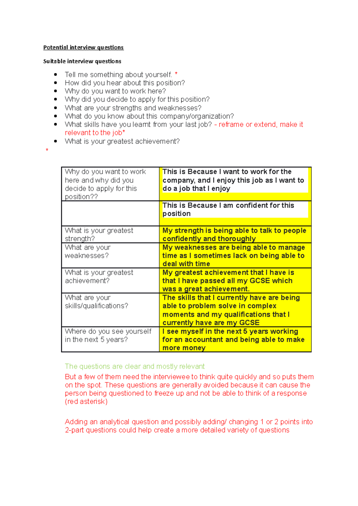 Potential interview questions - Potential interview questions Suitable interview questions Tell ...