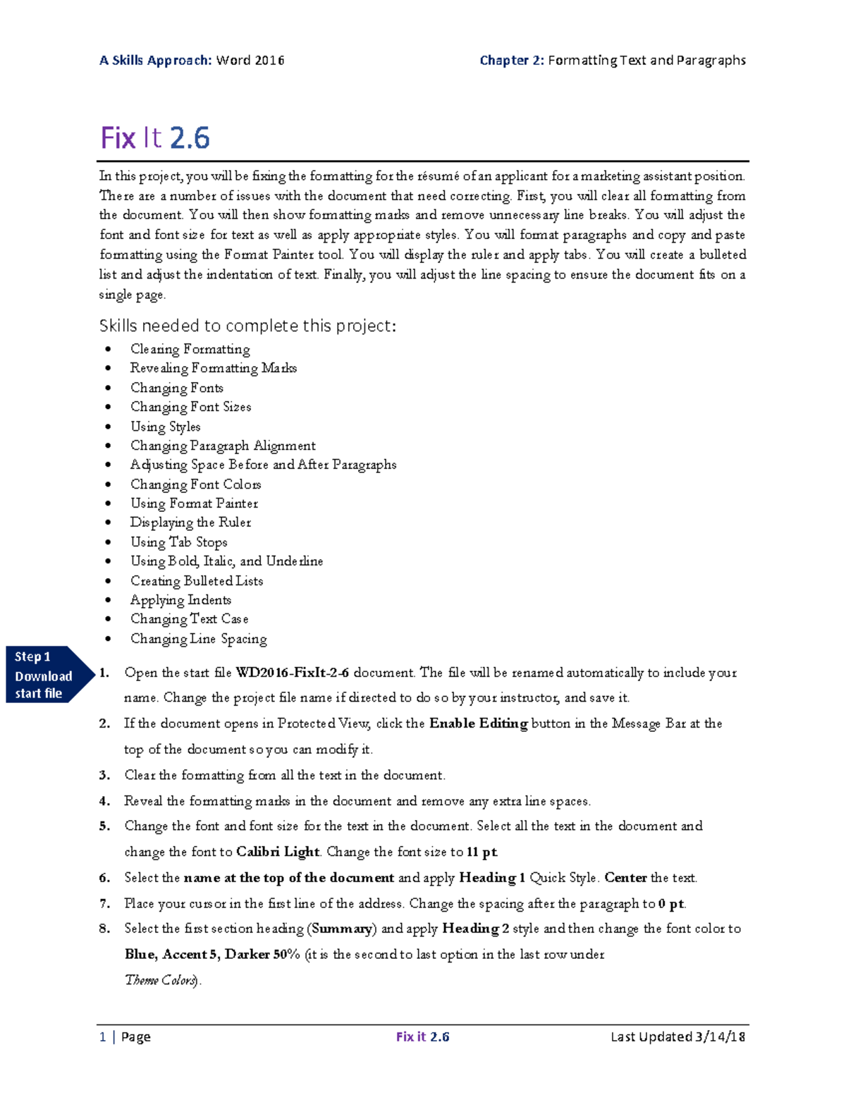 WD2016 Fix It 2 6 instructions - A Skills Approach: Word 2016 Chapter 2 ...