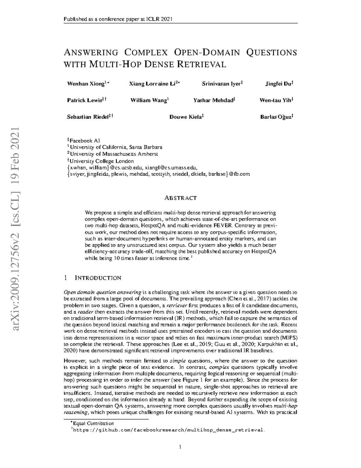 [2020]Answering Complex Open-Domain Questions with Multi-Hop Dense Retrieval - ANSWERING COMPLEX ...