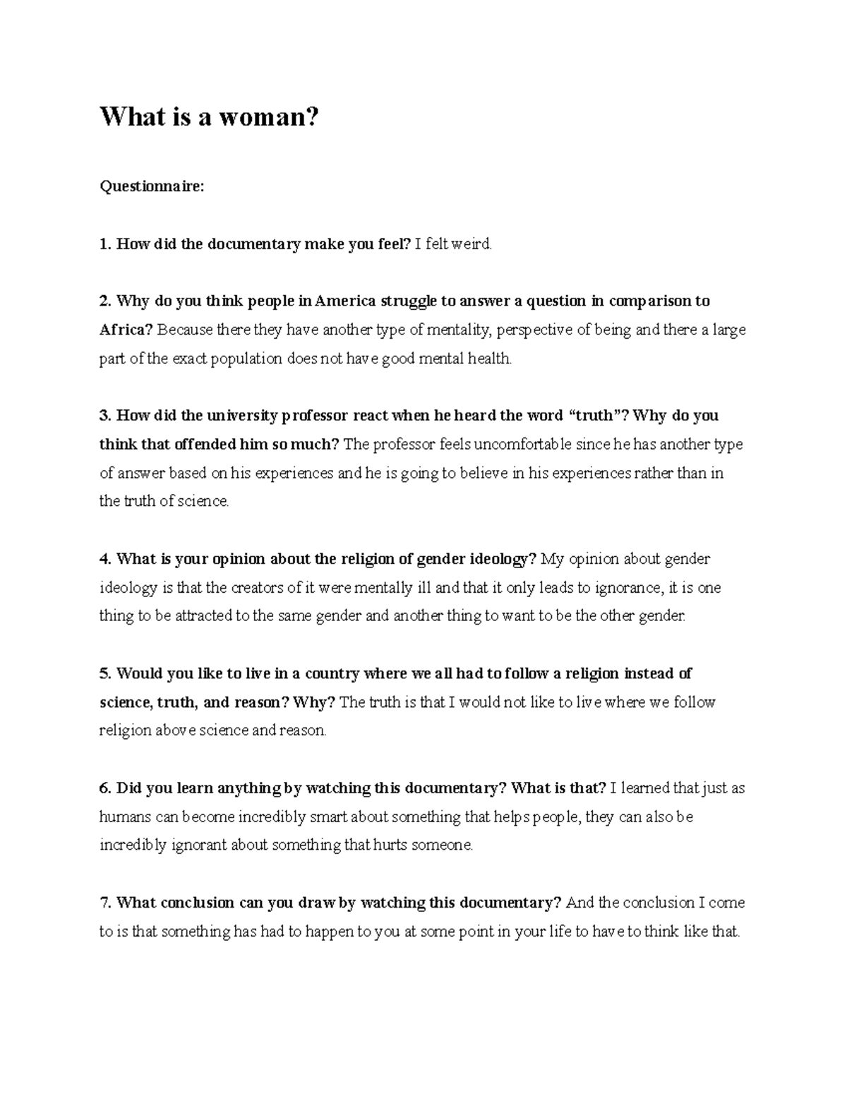 Questionnaire+What+is+a+woman%3F - What is a woman? Questionnaire: 1 ...