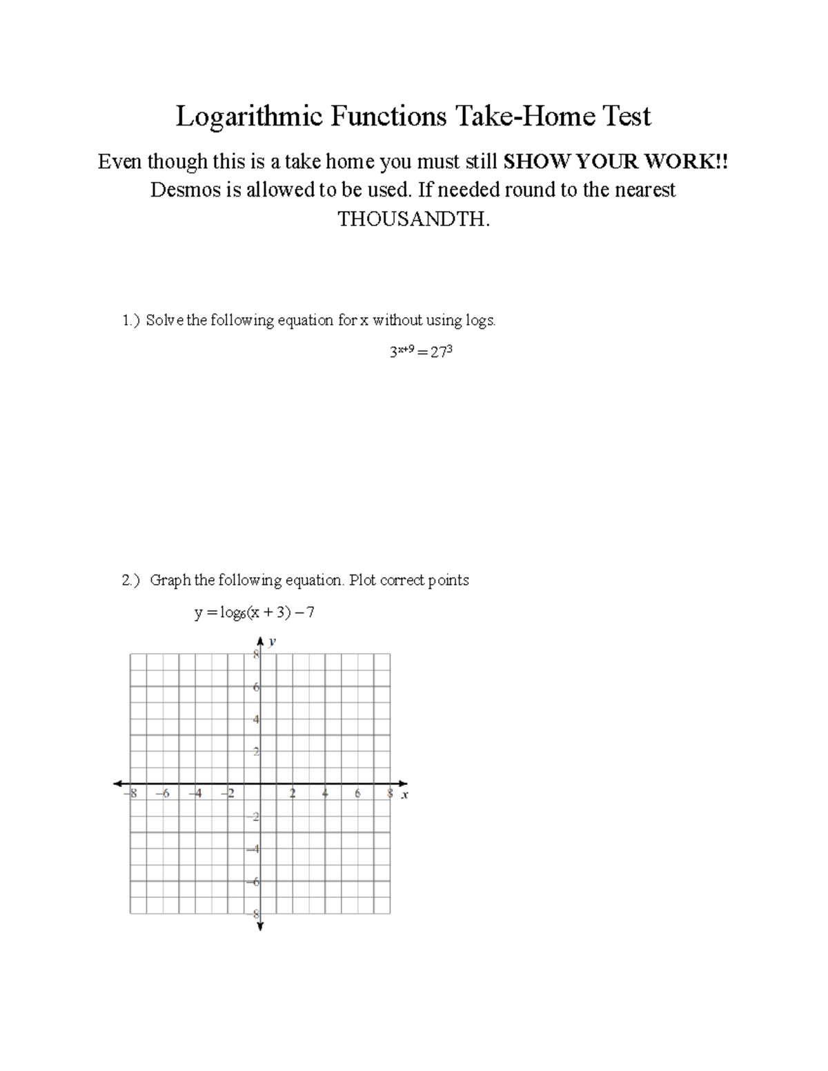 Logarithmic+Functions+Take+Home+Test - Logarithmic Functions Take-Home ...