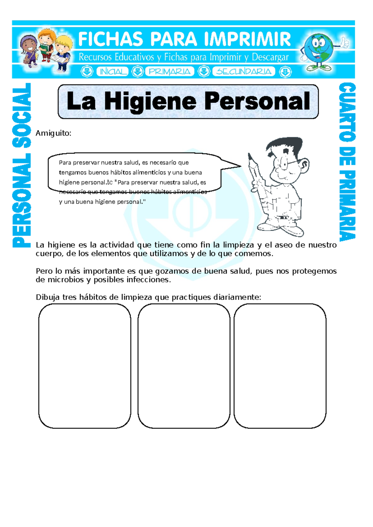 Ficha Higiene Personal para Cuarto de Primaria - Amiguito: La higiene ...
