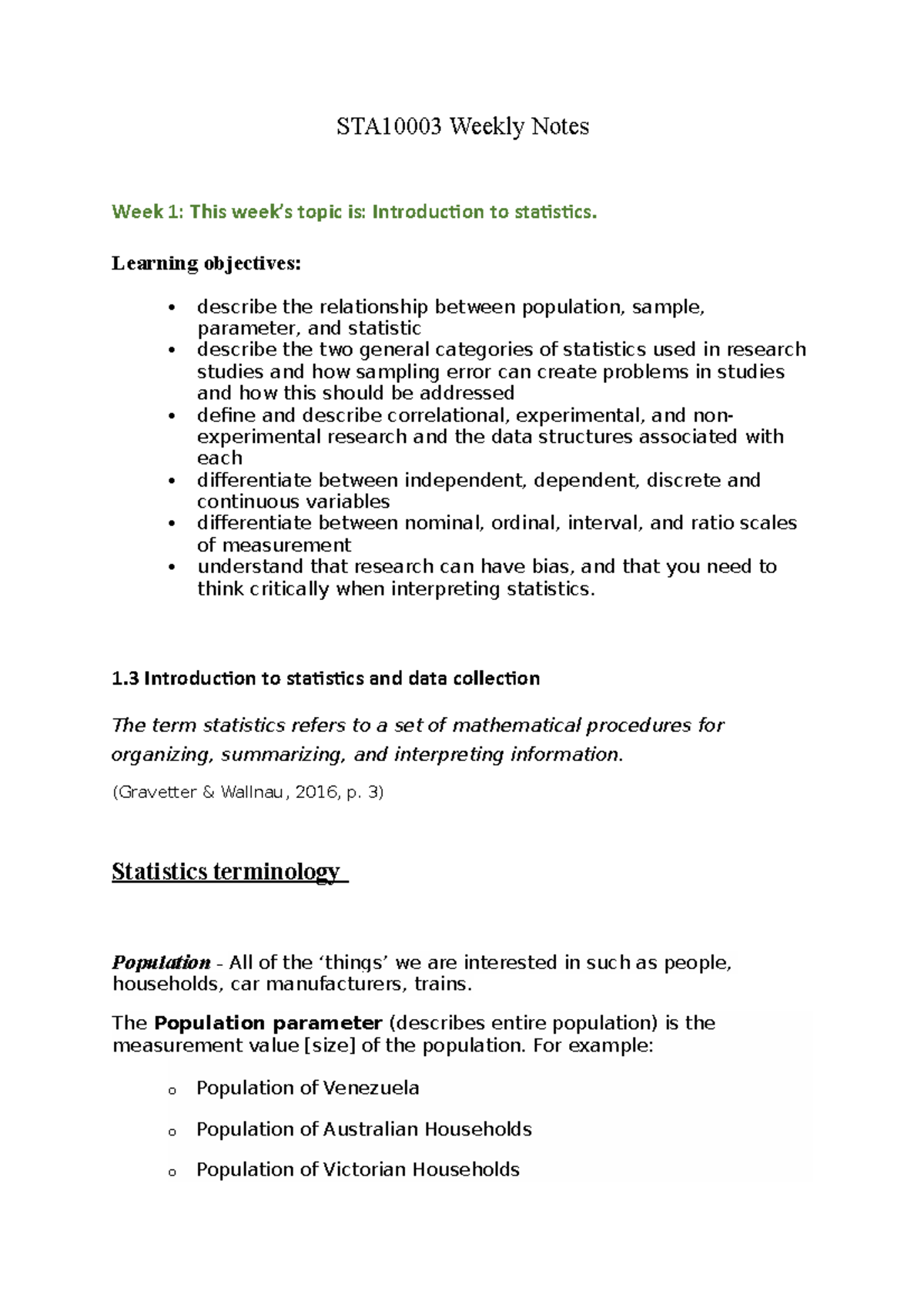 STA10003 Weekly Notes - STA10003 Weekly Notes Week 1: This week’s topic ...