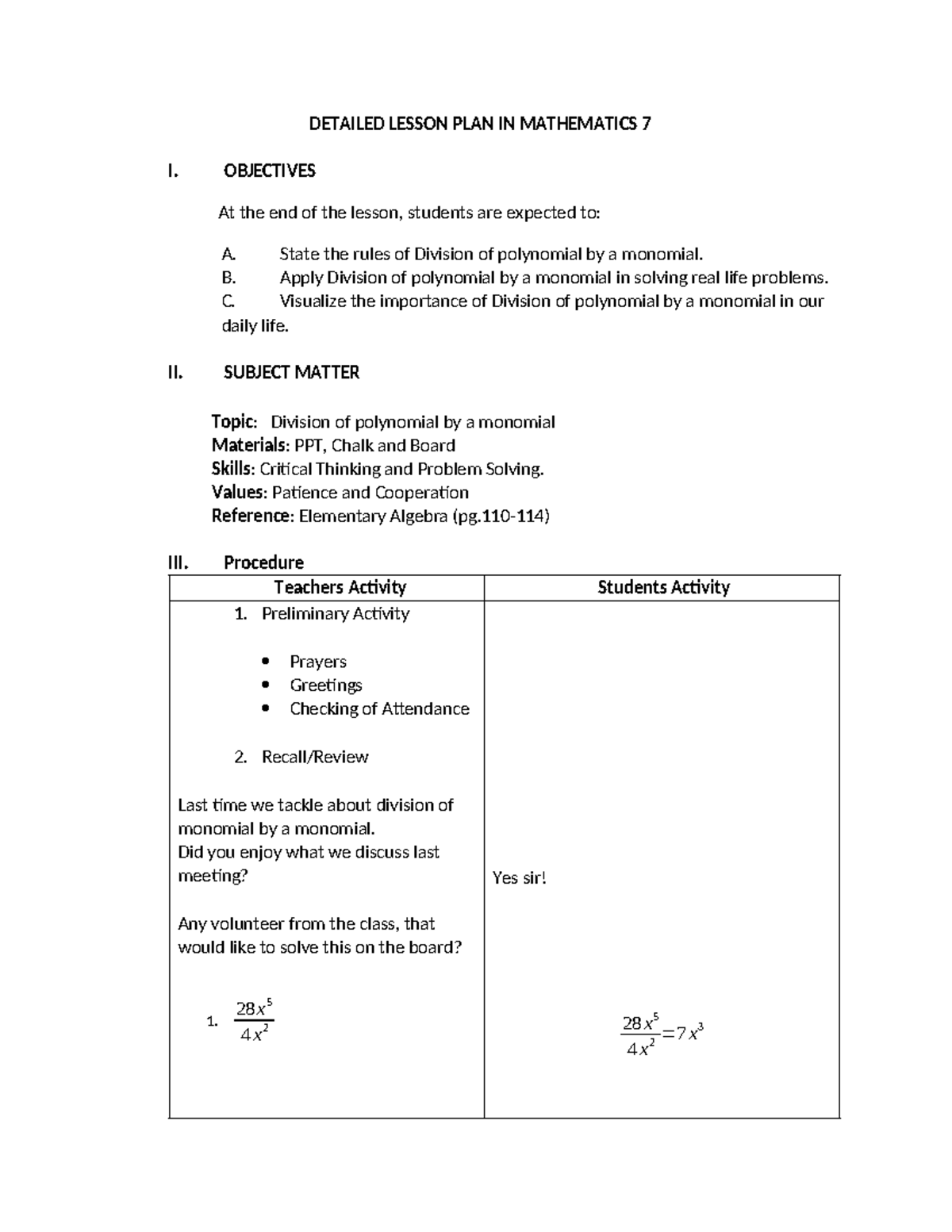 Division of Polynomial by monomial DLP grade 7 - DETAILED LESSON PLAN ...