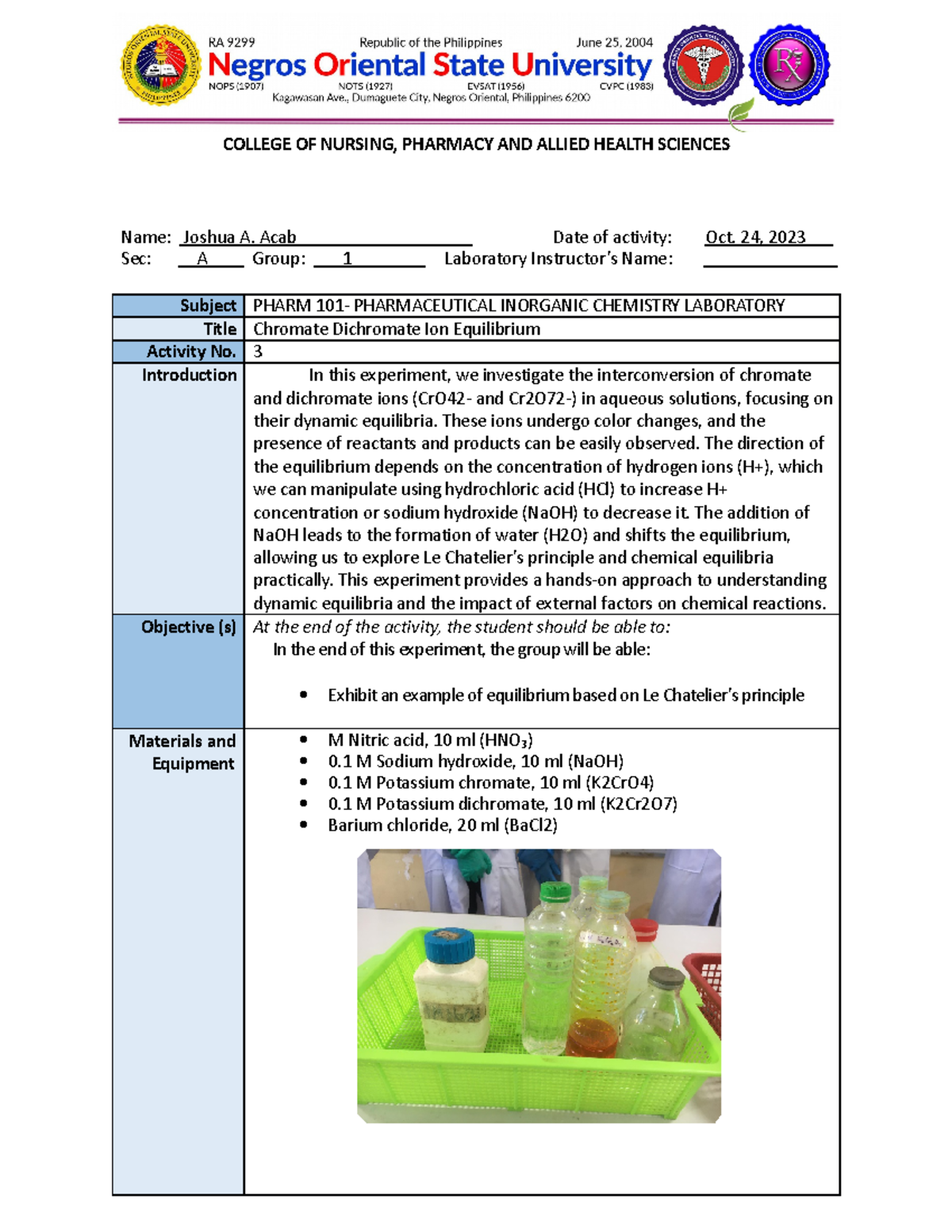 Pharm 101 Act3 - Chromate Dichromate Ion Equilibrium Lab Paper - Name ...