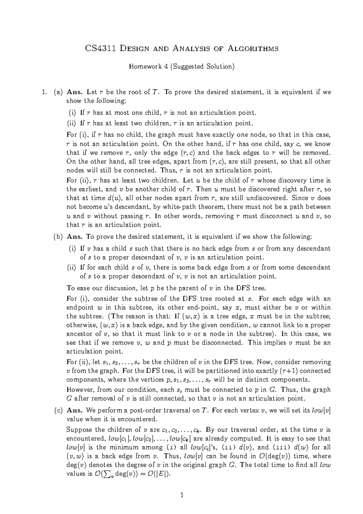 Assign 4sol - CS4311 Design and Analysis of Algorithms Homework 4 (Suggested Solution) (a) Ans ...