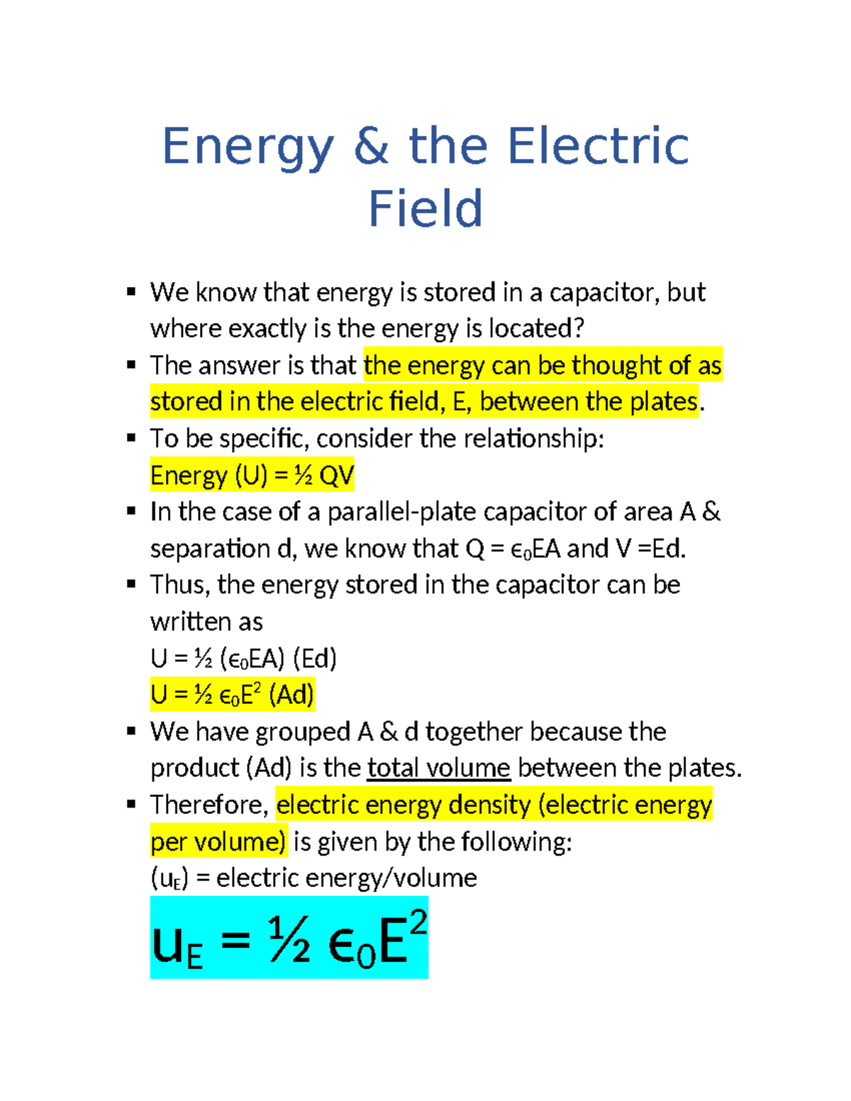 Energy Electric field - Energy & the Electric Field We know that energy ...