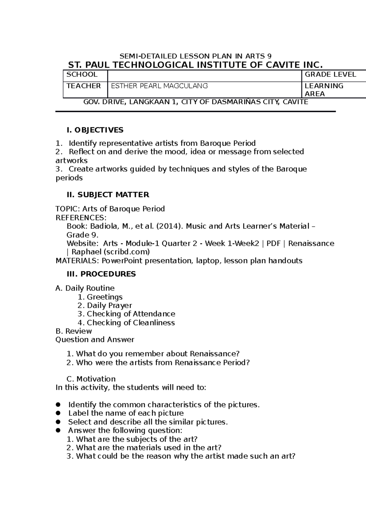 Application Demo Lesson Plan 3 Semi Detailed Lesson Plan In Arts 9 St Paul Technological