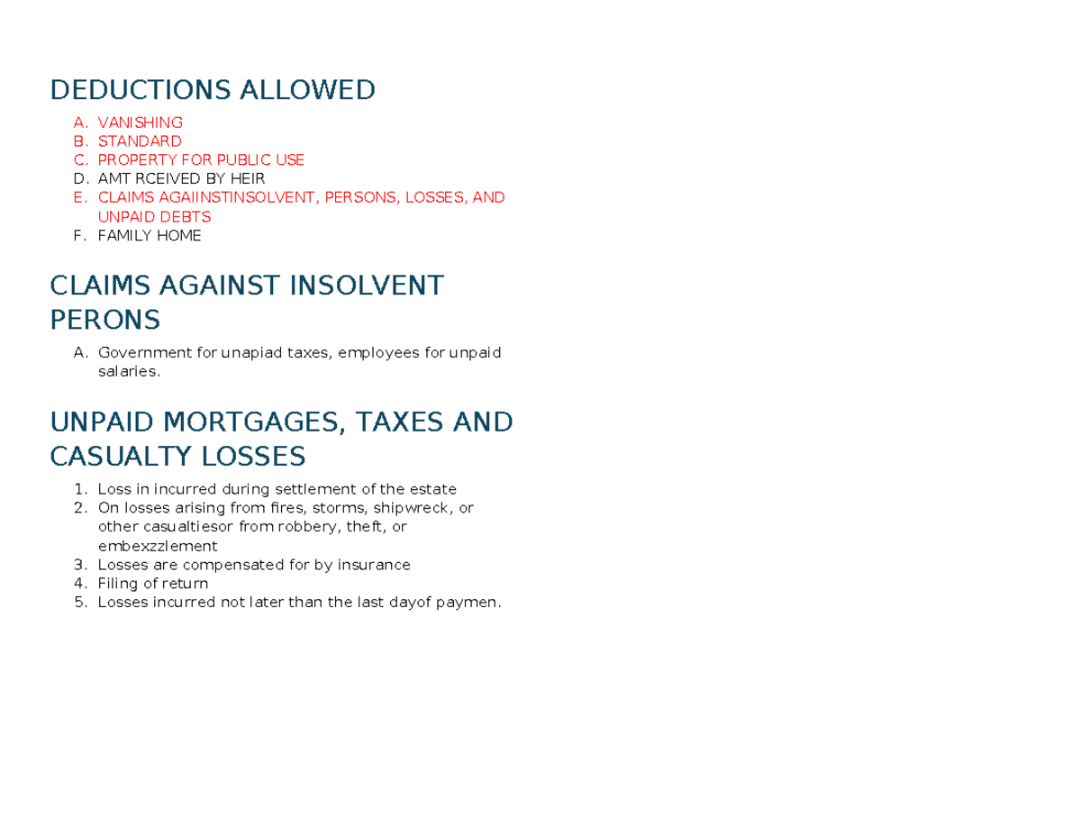 TAX Reviewer - 5567879 - DEDUCTIONS ALLOWED A. VANISHING B. STANDARD C. PROPERTY FOR PUBLIC USE ...