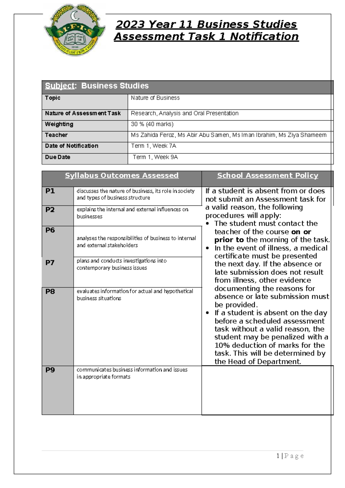 Assessment Task 1 - Year 11 Business Studies 2023 - 2023 Year 11 Business Studies Assessment ...