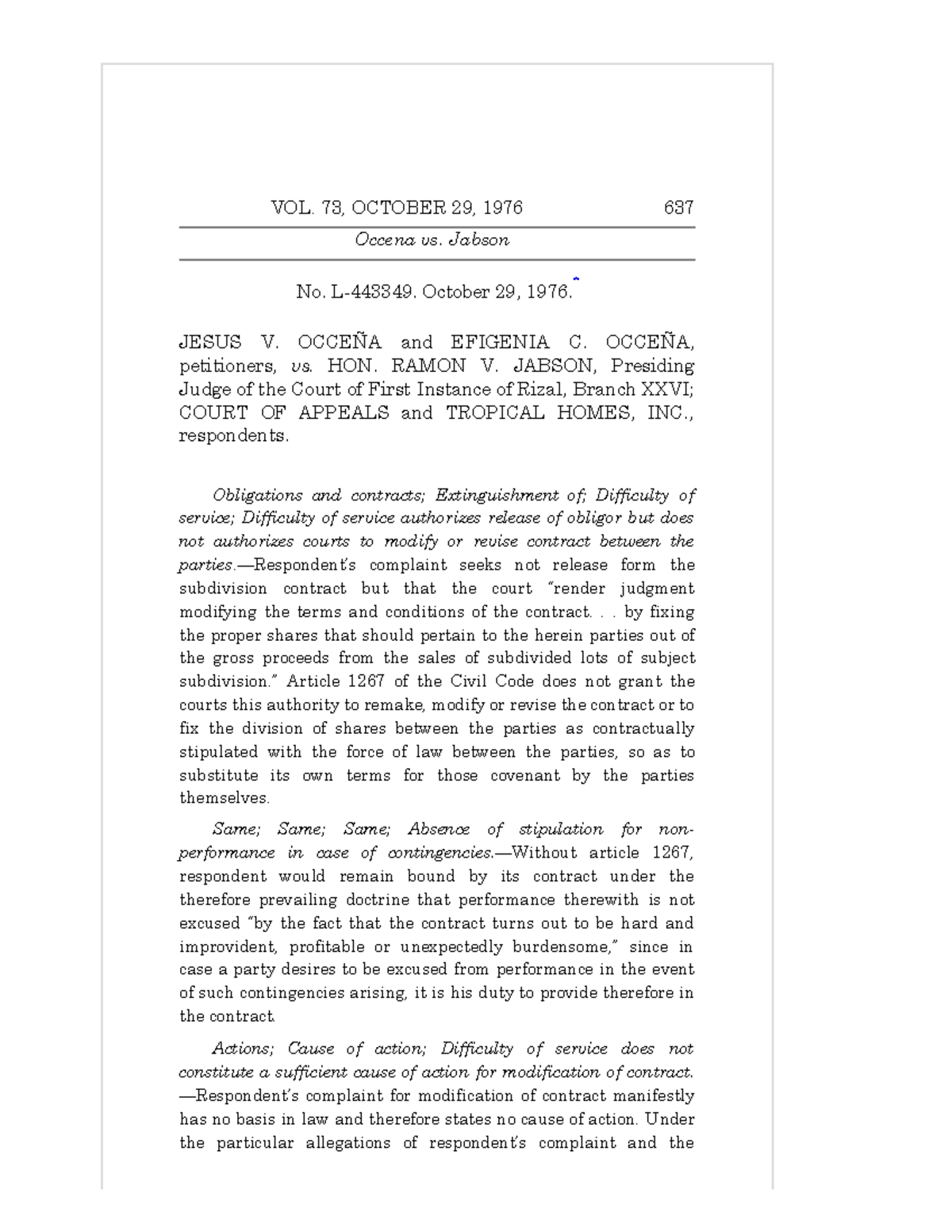 86 Occena vs. Jabson - VOL. 73, OCTOBER 29, 1976 637 Occena vs. Jabson ...