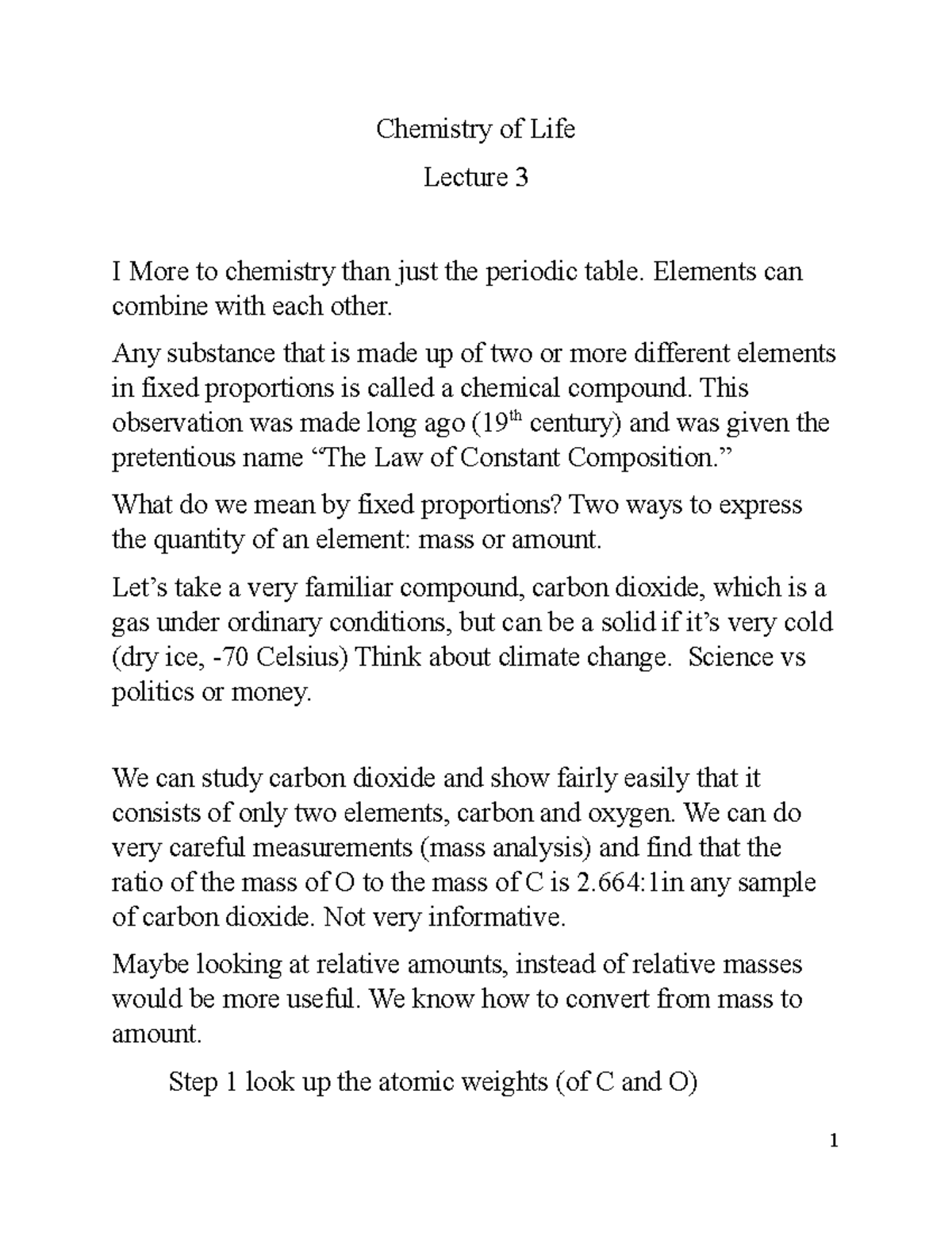 Lecture 3 - notes - Chemistry of Life Lecture 3 I More to chemistry ...