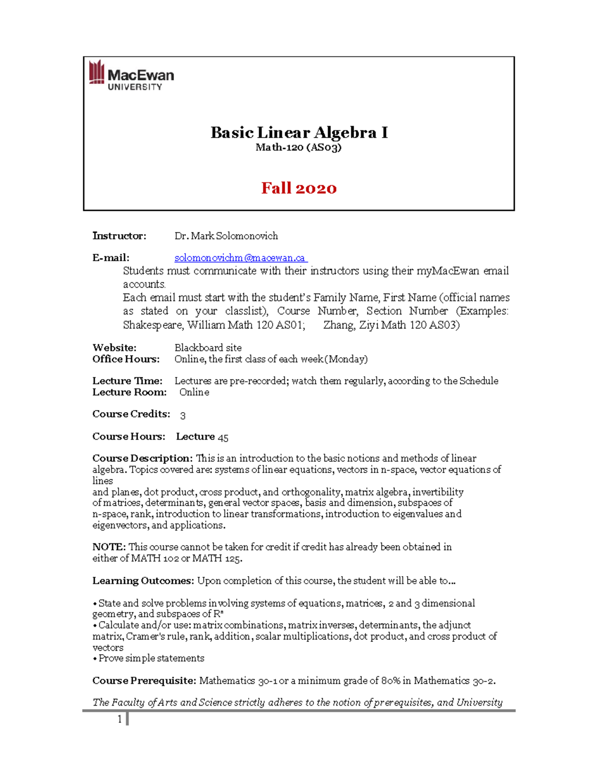 Math 120 As03 Outline Fall 2020 Basic Linear Algebra I Math 120 As03 Fall 2020 Instructor