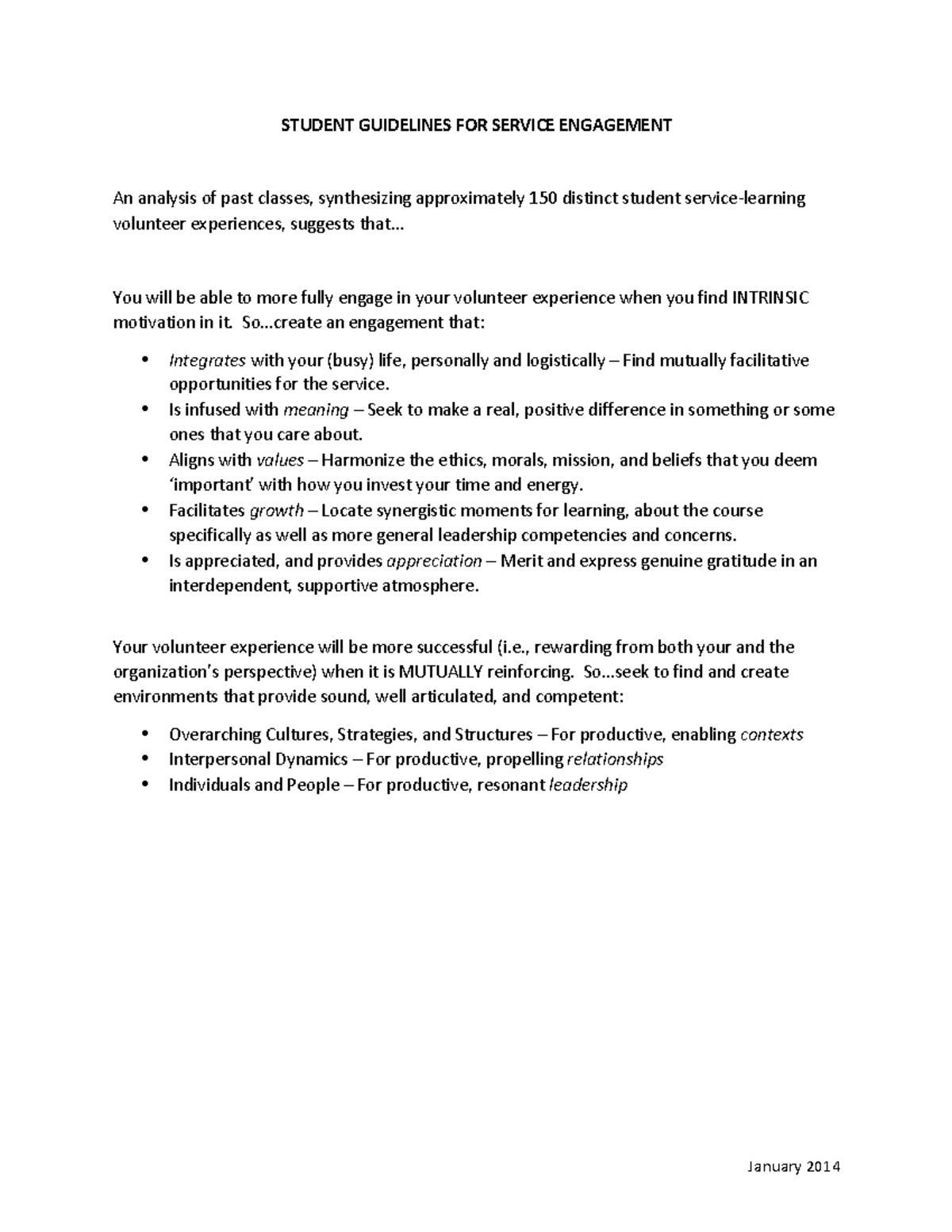 Student Guidelines FOR Service Engagement - January STUDENT GUIDELINES ...