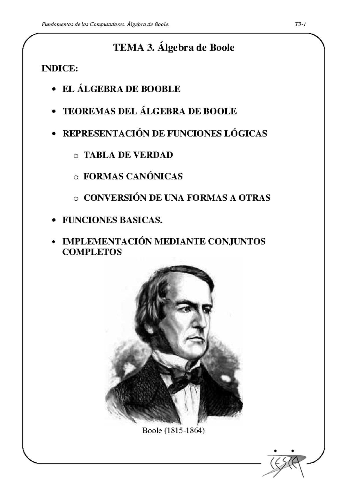 Teorema Boole - TEMA 3. Álgebra de Boole INDICE: EL ÁLGEBRA DE BOOBLE ...
