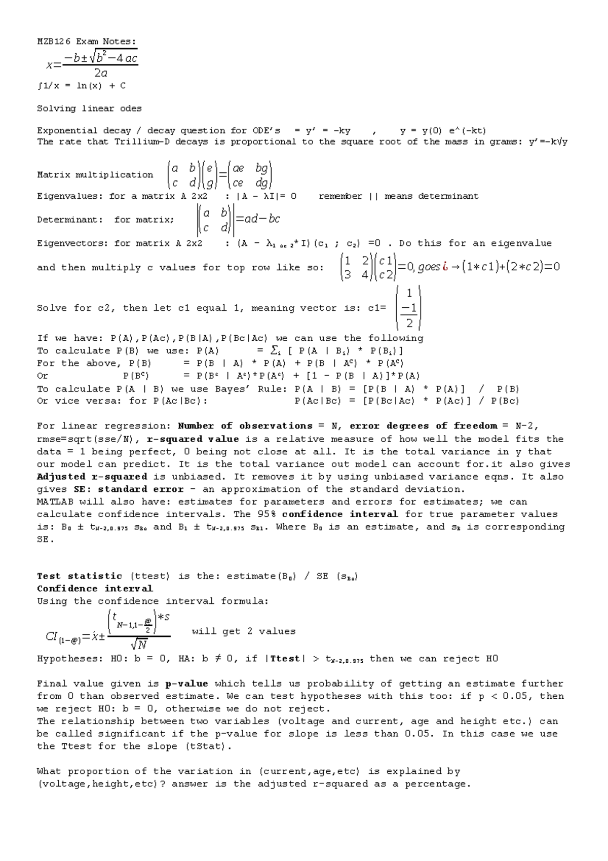 Sample/practice exam 2019, questions - MZB126 Exam Notes: x=−b±√b 2 − 4 ...