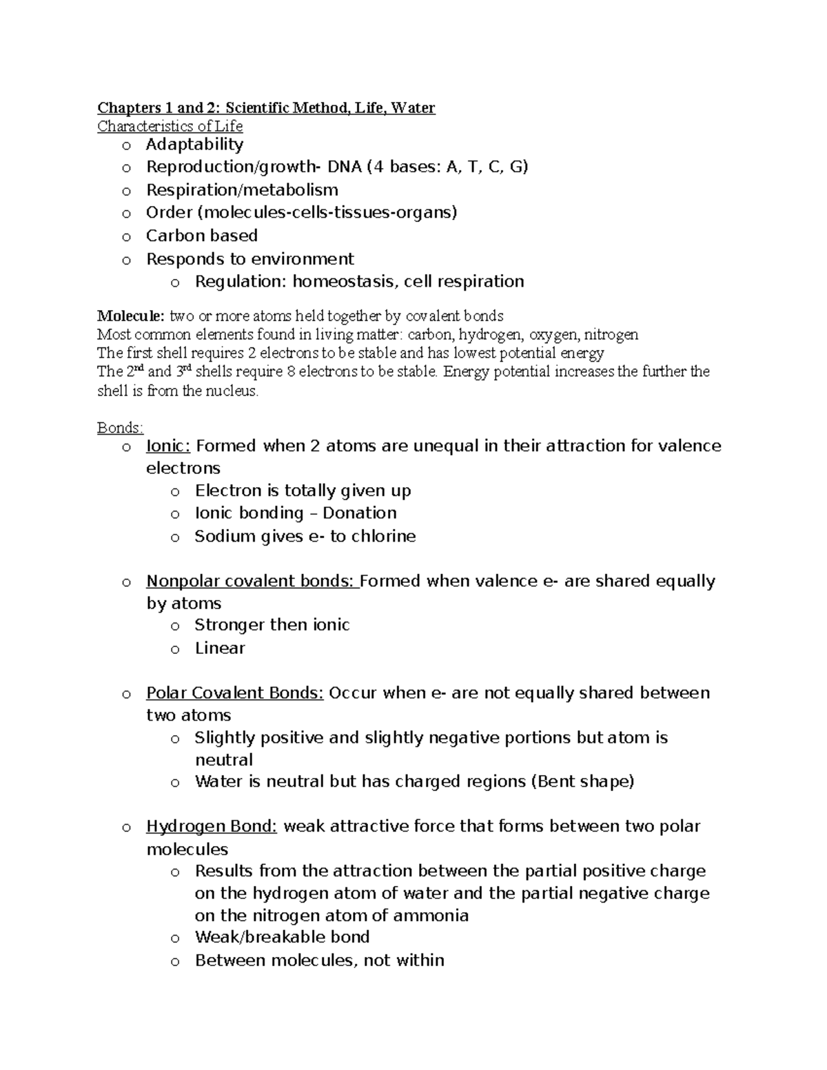 Bio 120 45 (Lecture) - Chapters 1 and 2: Scientific Method, Life, Water ...