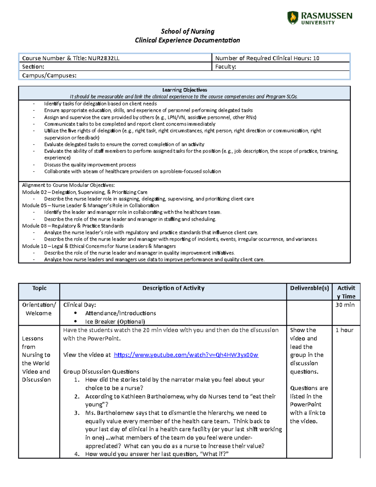 Campus Day 2 Lesson Plan Template - Clinical Experience Documentation ...