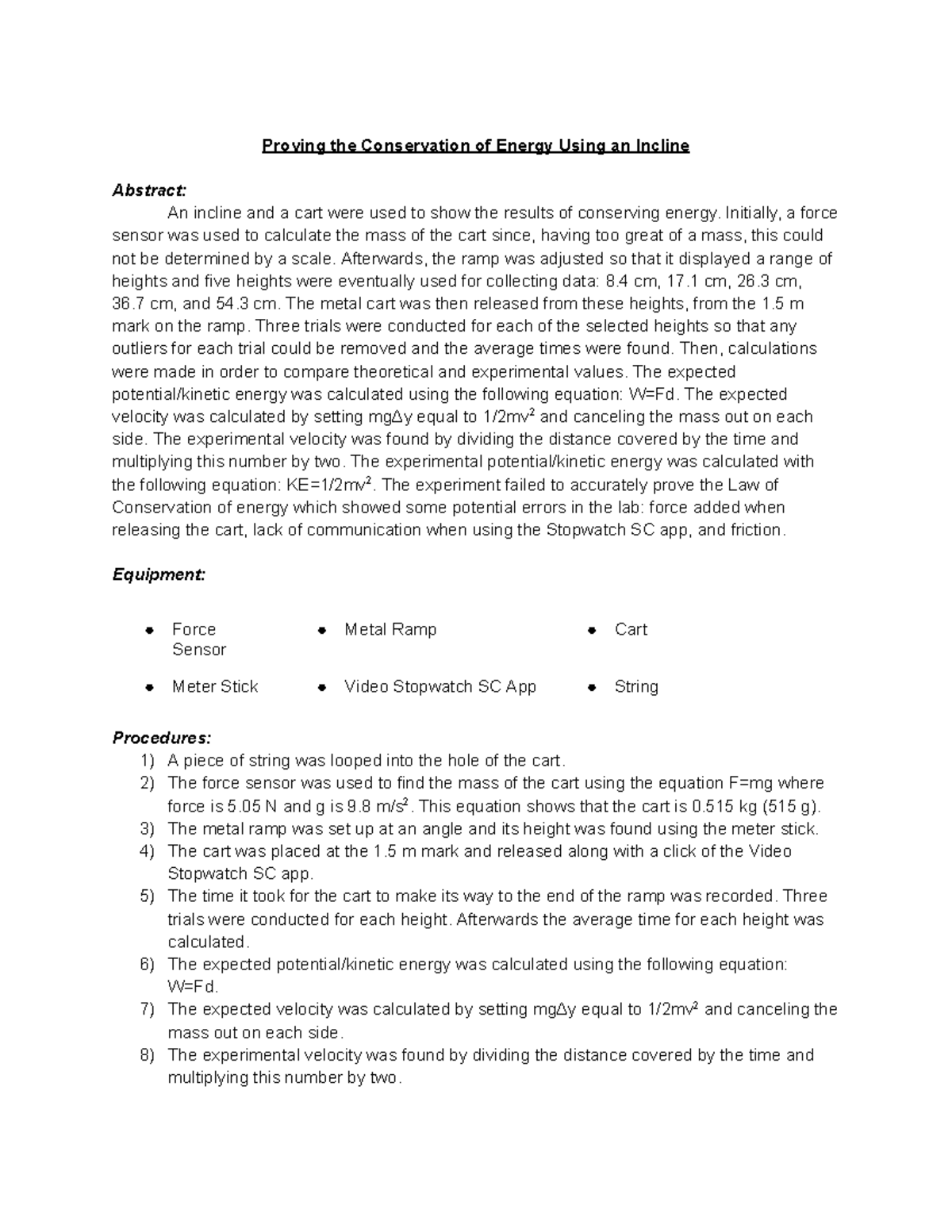 Conservation of Energy Lab - Proving the Conservation of Energy Using ...