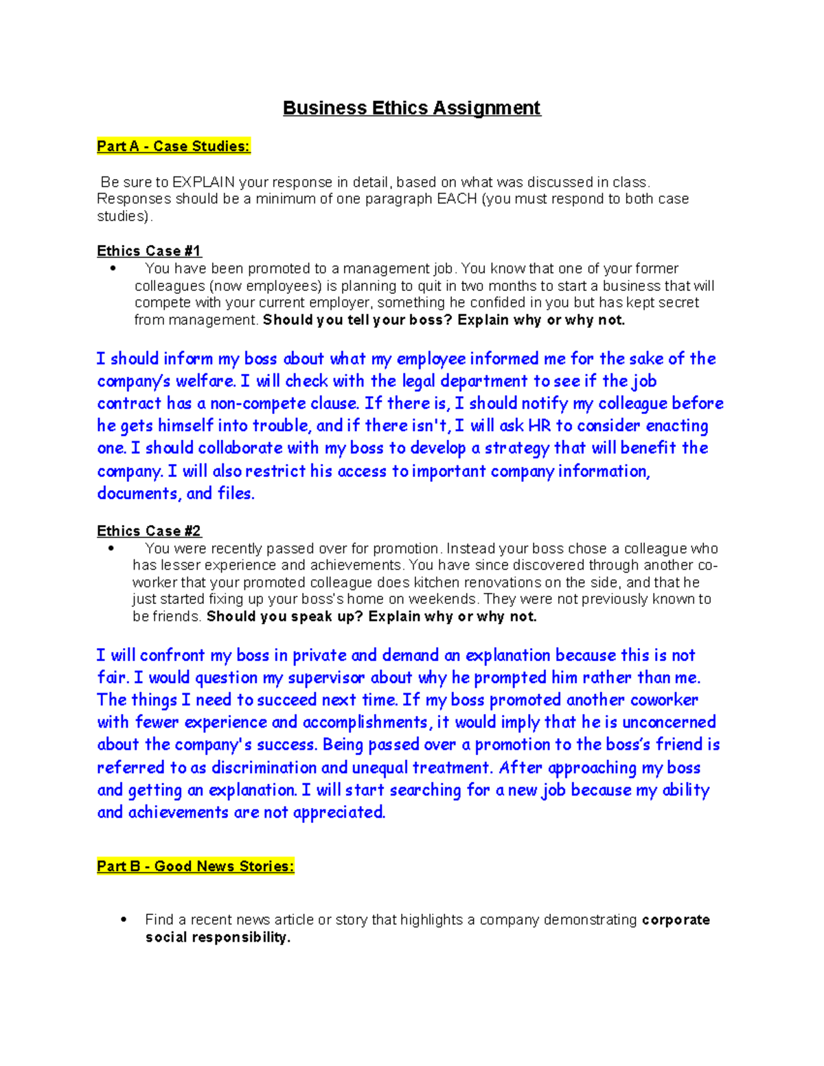 Business Ethics Assignment - Responses should be a minimum of one ...