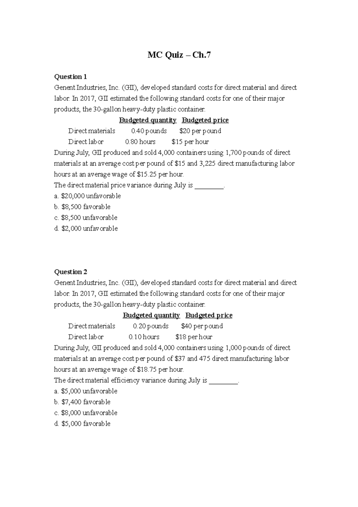 MC Quiz Chapter 7 - MC Quiz – Ch. Question 1 Genent Industries, Inc ...