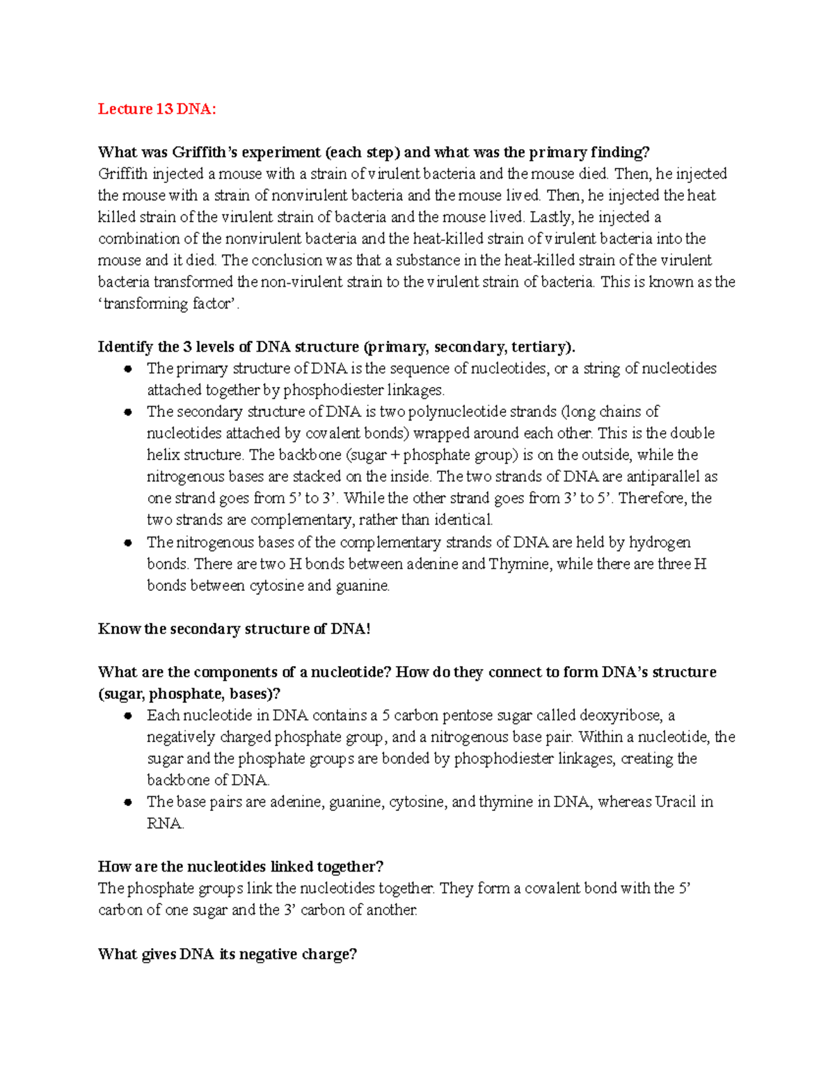 Intro to Genetics Exam 2 Review - Lecture 13 DNA: What was Griffith’s ...