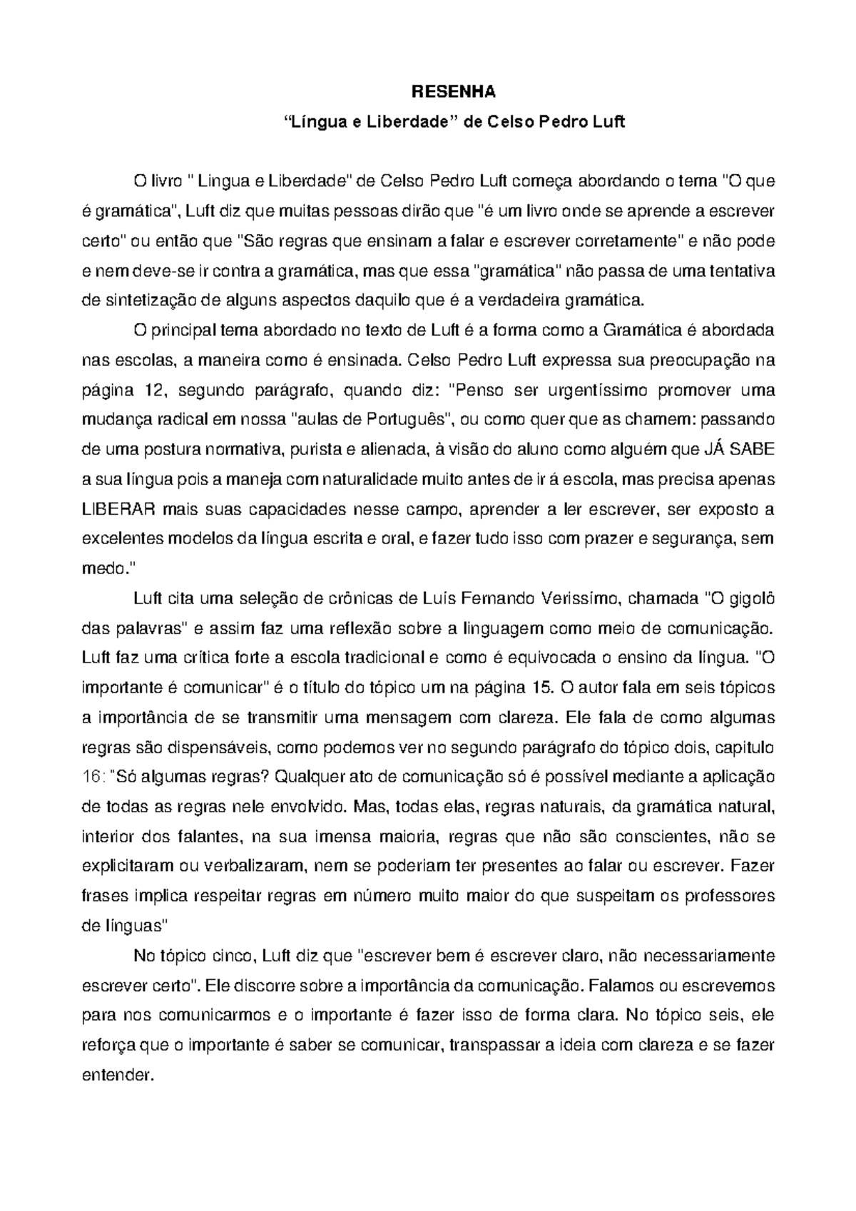 Resenha "Língua e Liberdade" de Celso Pedro Luft - RESENHA e de Celso ...