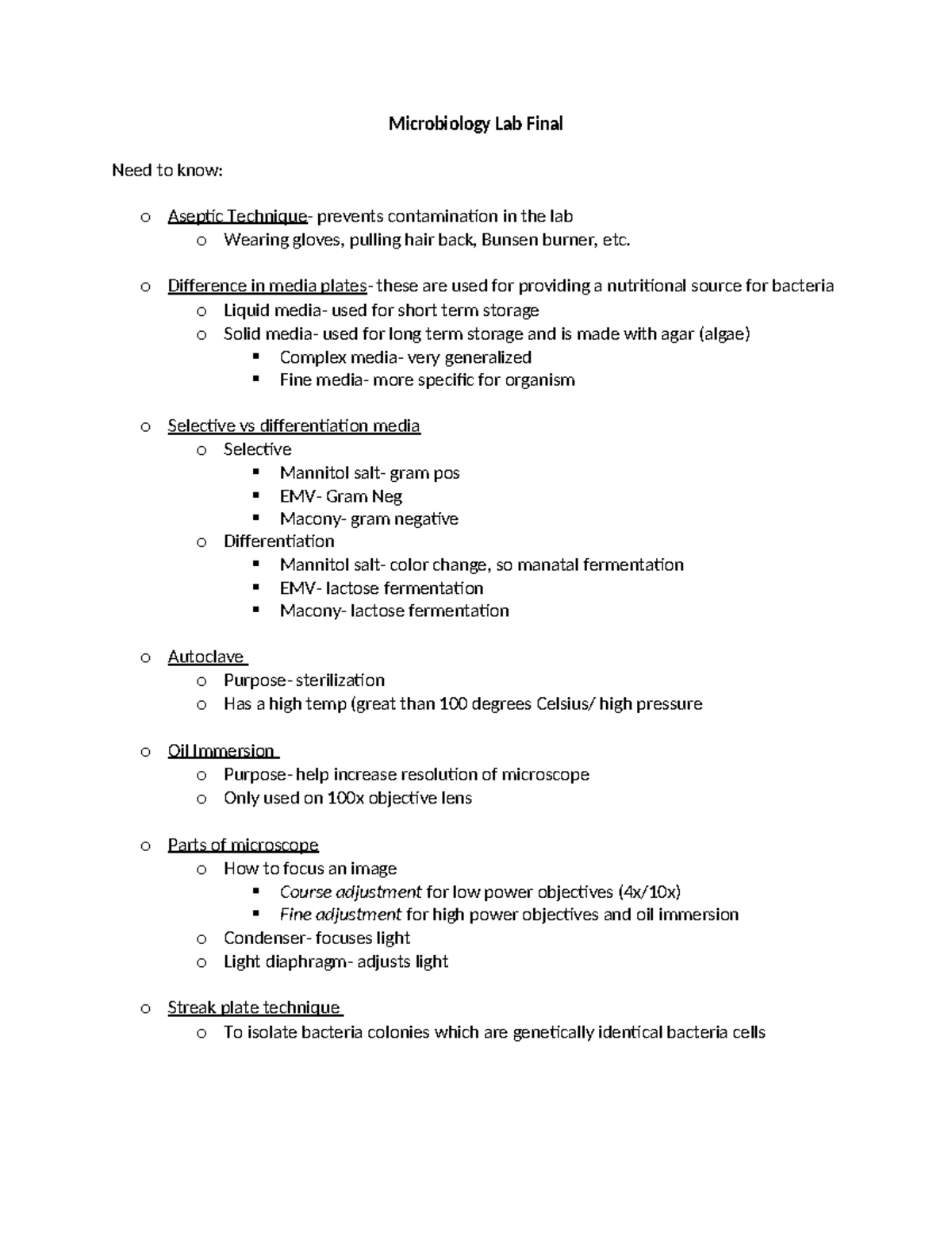 Microbiology Lab Final - Microbiology Lab Final Need to know: o Aseptic ...