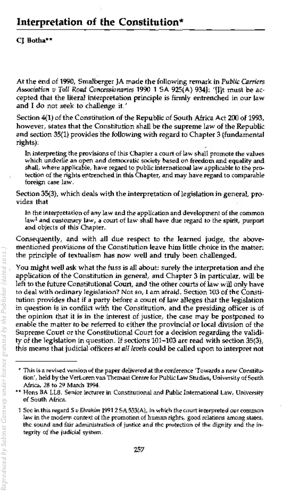 Botha-1994-interpretation-of-the-constitution - Interpretation of the ...