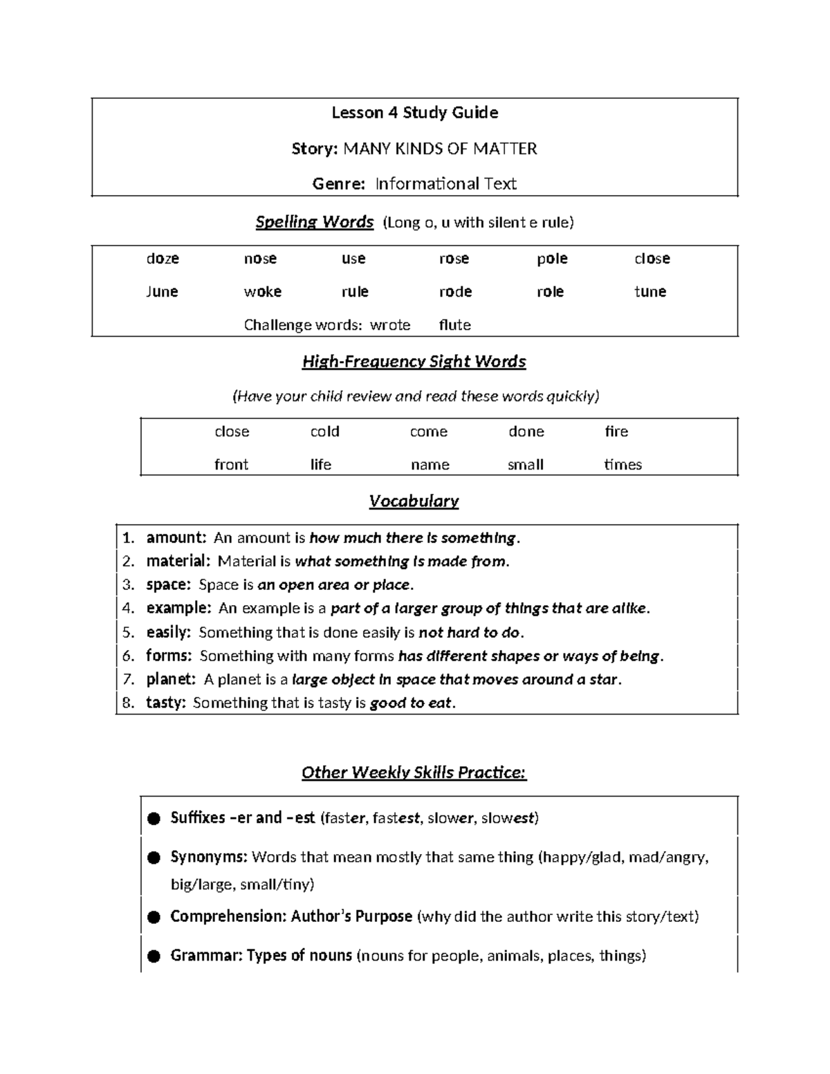 Lesson 4 Many Kinds of Matter Study Guide - Lesson 4 Study Guide Story ...