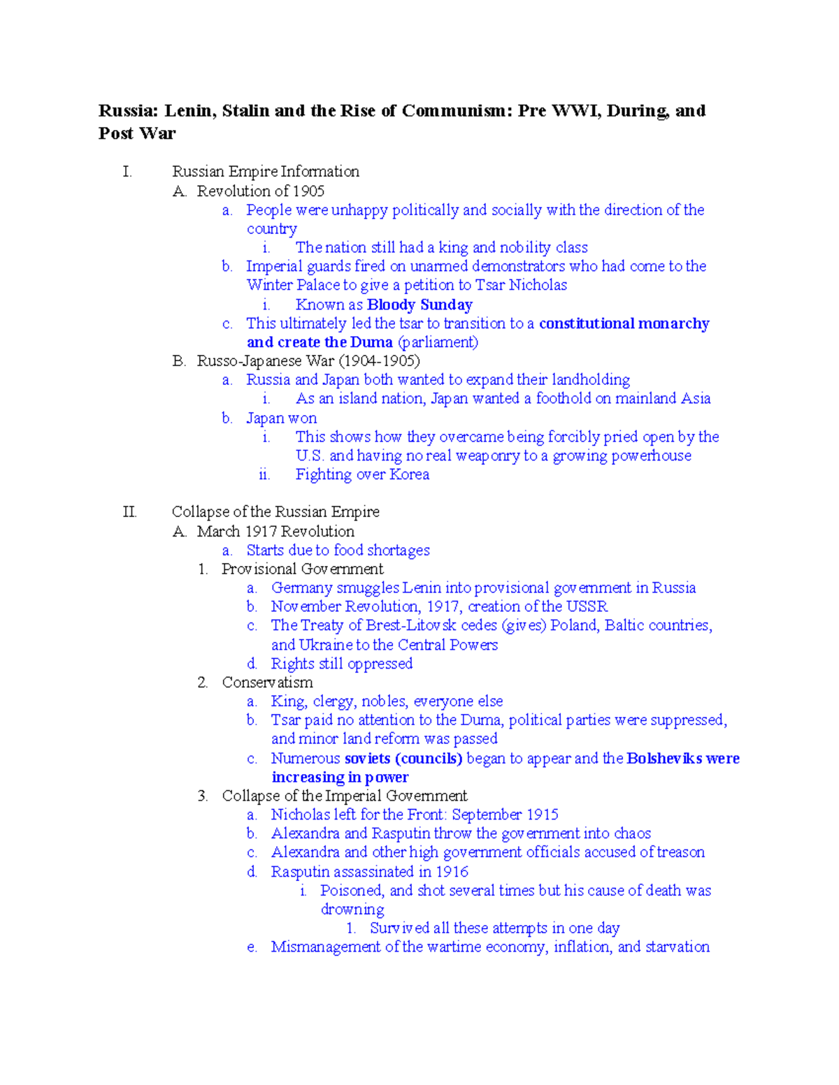 Copy of Russia: Lenin, Stalin and the Rise of Communism Outline ...