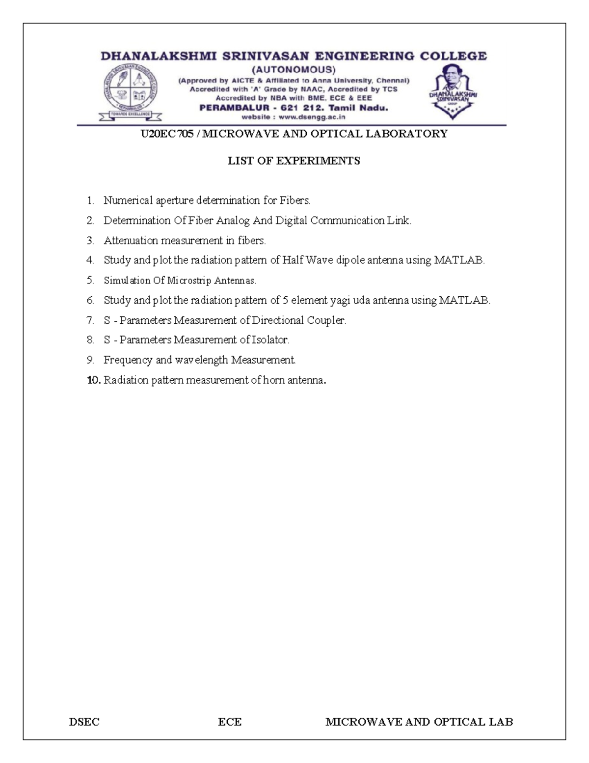 Microwave AND Optical LAB Manual - U20EC705 / MICROWAVE AND OPTICAL ...