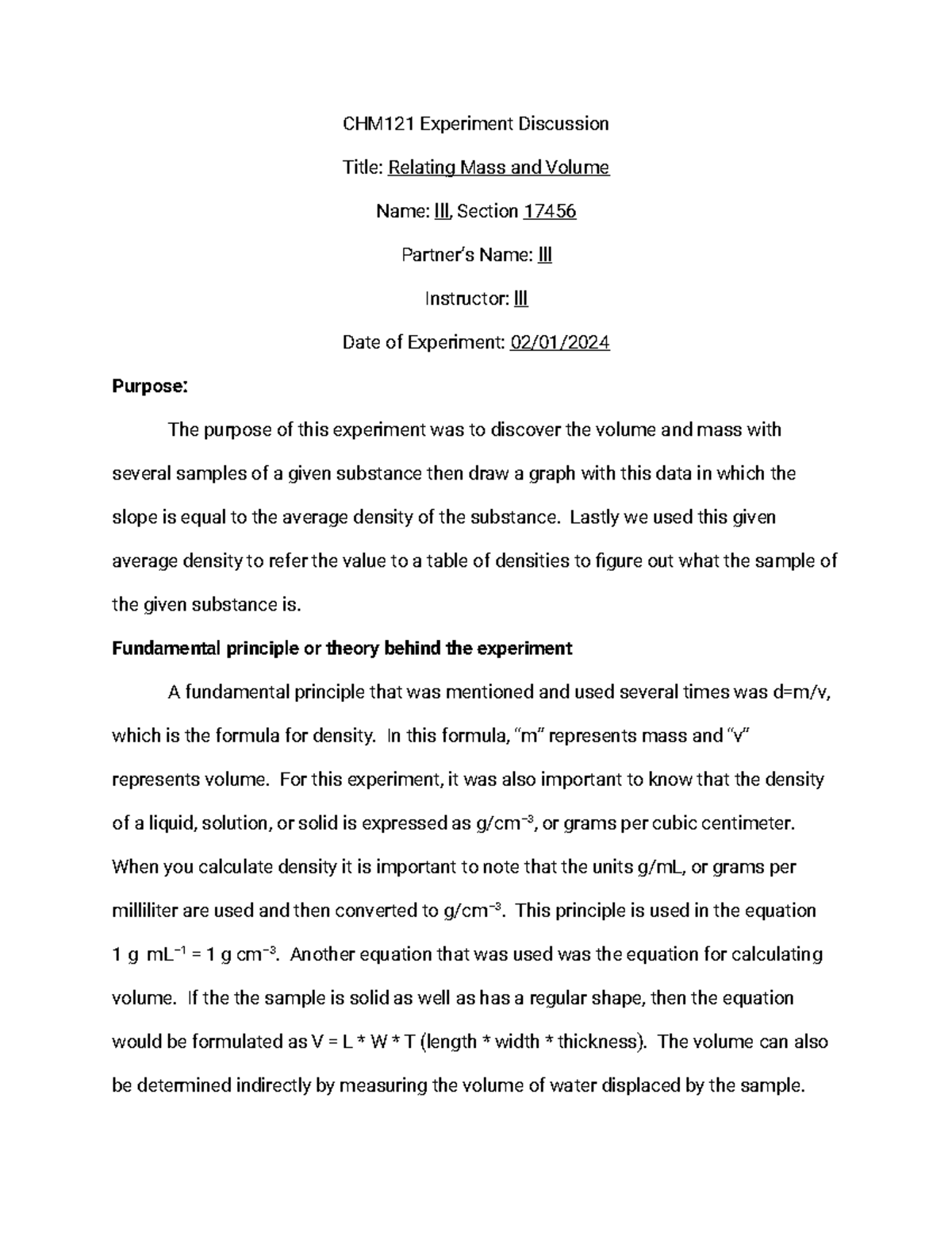 CHM 121 Lab 2 - CHM 121 Lab Report #2 - CHM121 Experiment Discussion Title: Relating Mass and ...