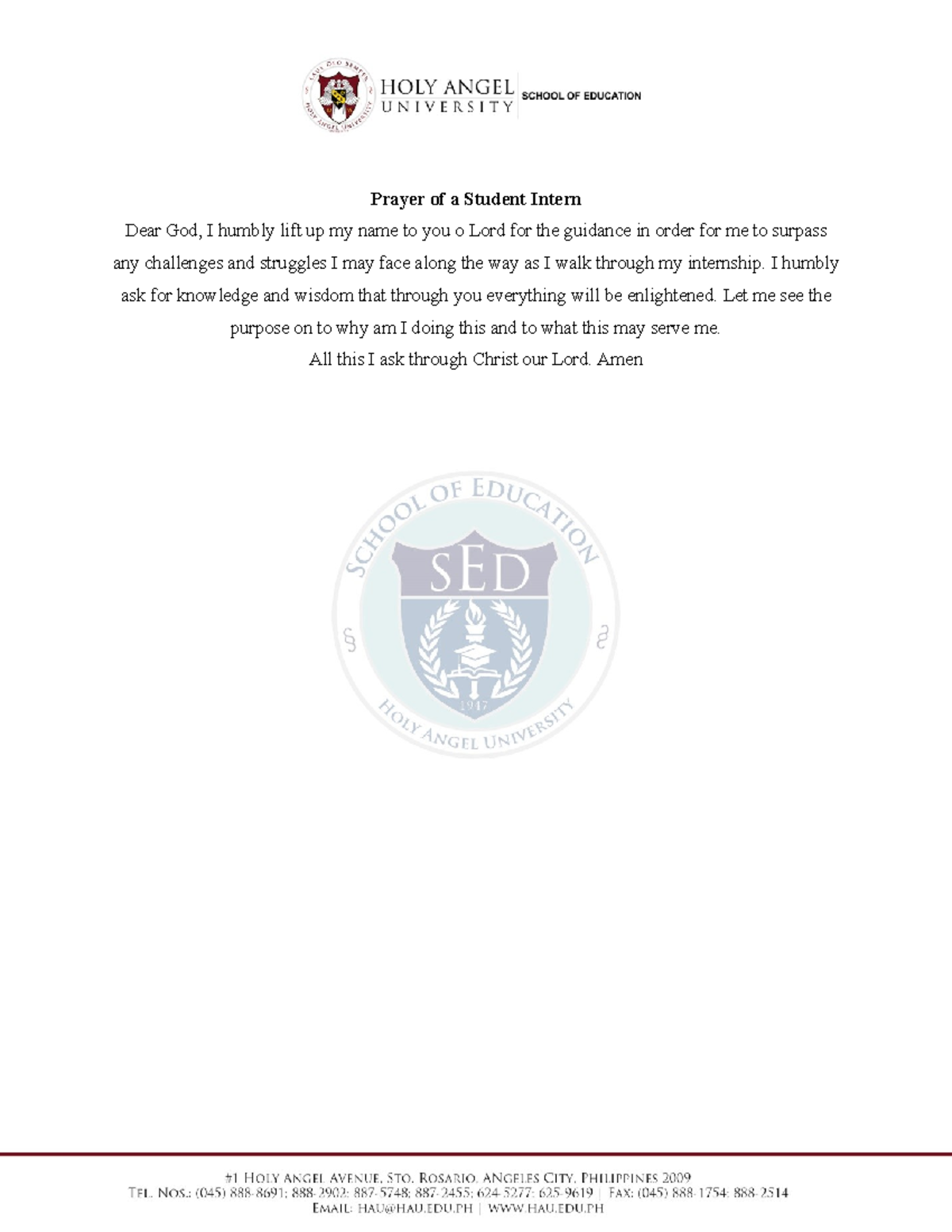 Prayer of a Student Intern - Science, Technology and Society - I humbly ...