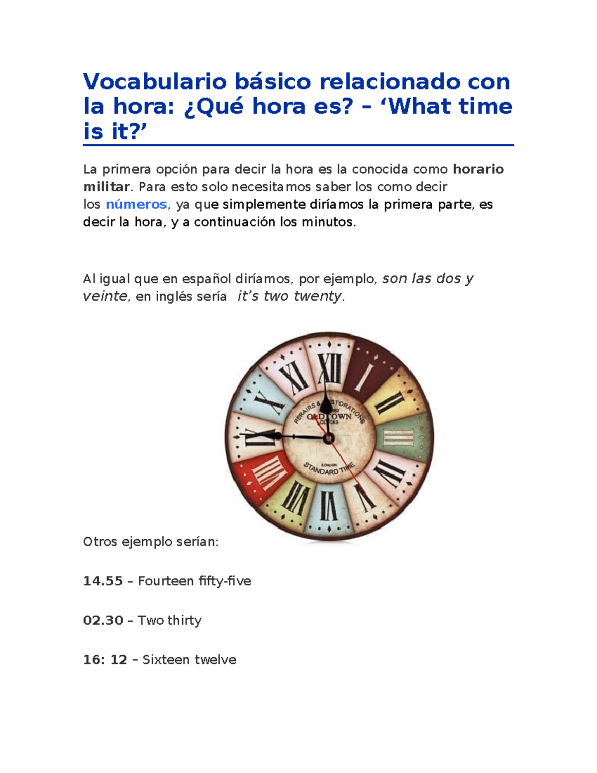 Vocabulario básico relacionado con la hora ingles - Vocabulario básico ...