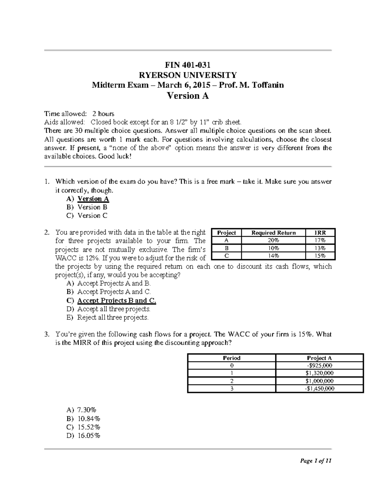Sample/practice exam 2015, answers - FIN 401- RYERSON UNIVERSITY ...