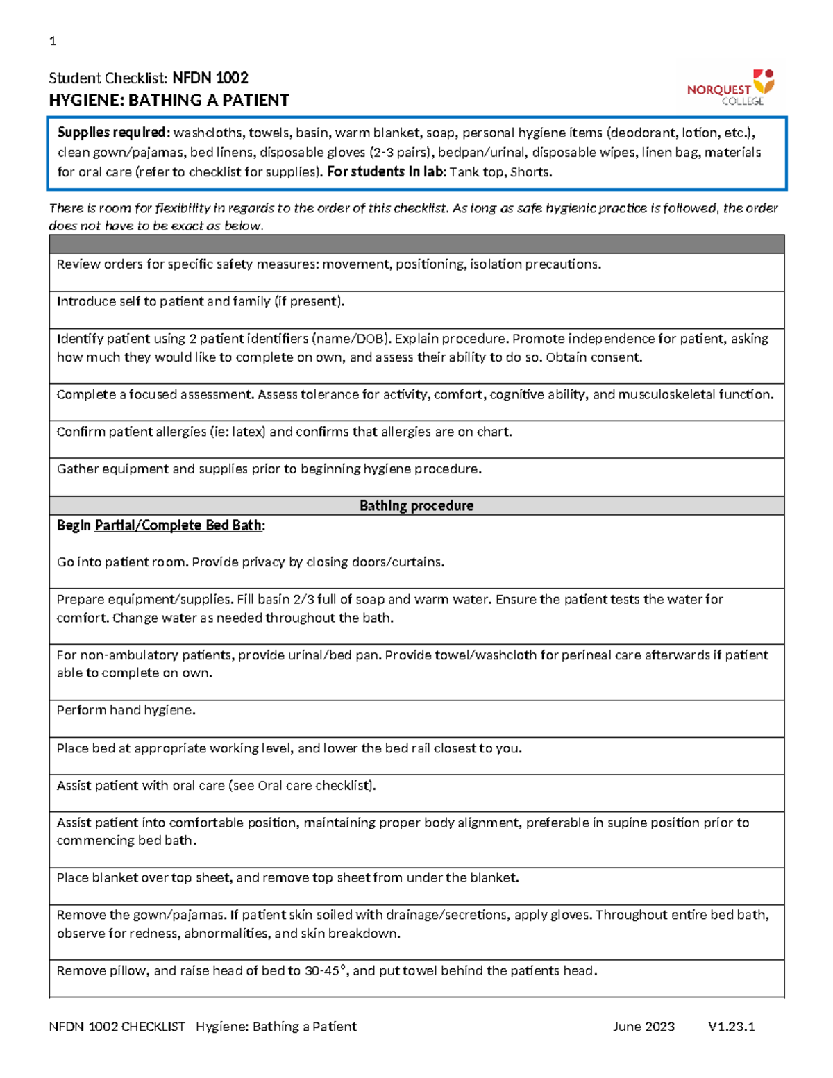NFDN 1002 Checklist Bathing V1 - Student Checklist: NFDN 1002 HYGIENE ...