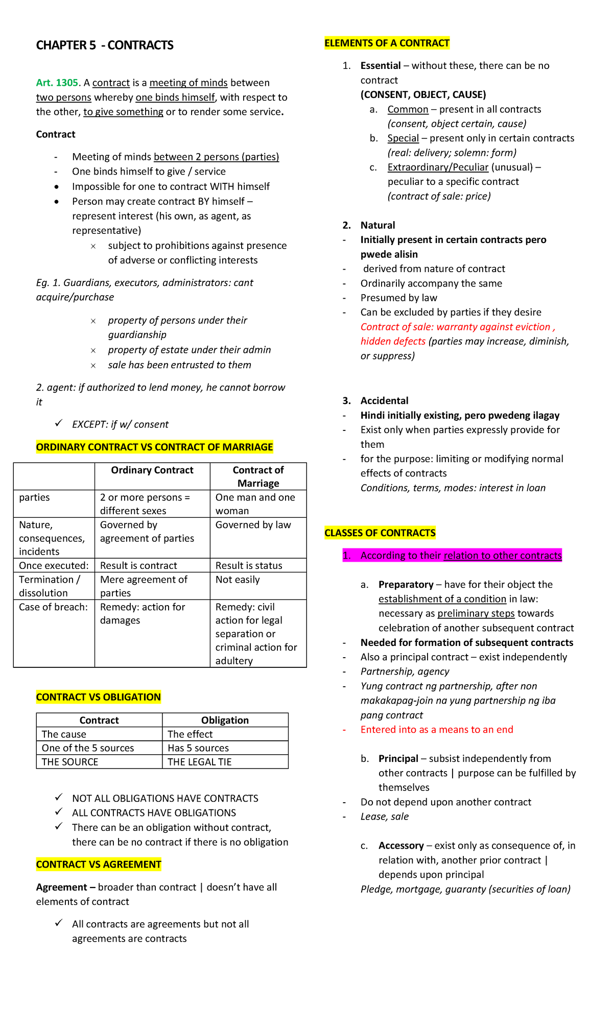 Chapter 5 - Contracts - CHAPTER 5 - CONTRACTS Art. 1305. A contract is a meeting of minds ...