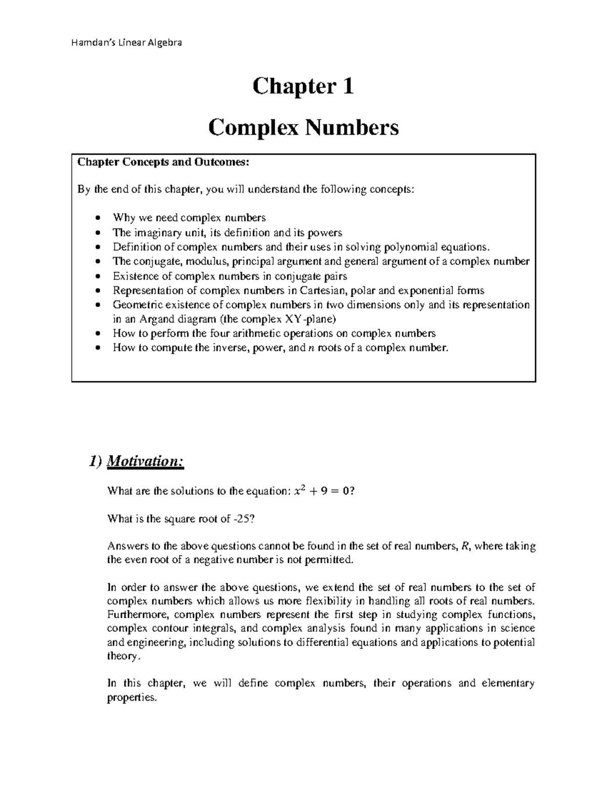 Chapter 1 Complex Numbers - Chapter 1 Complex Numbers Chapter Concepts and Outcomes: By the end ...
